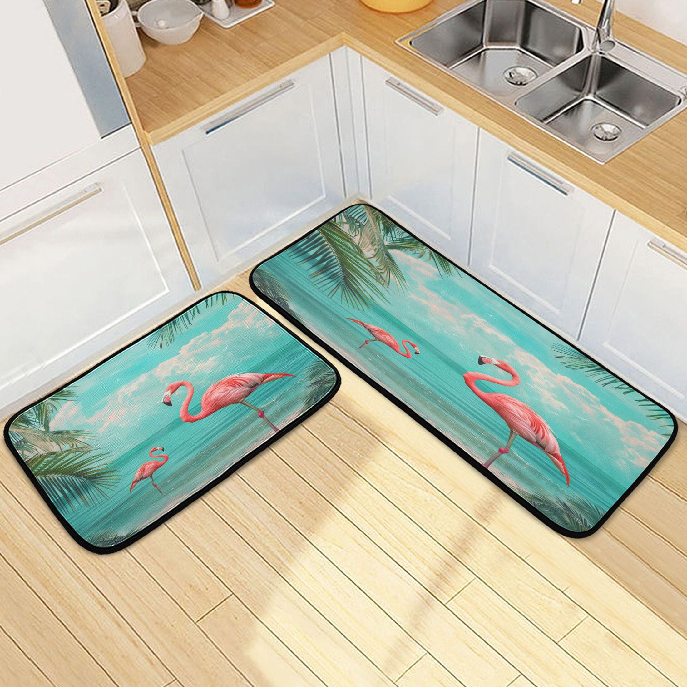 Flamingo Summer Tropical Palm Tree Kitchen Rugs Set Non Slip Mats ...