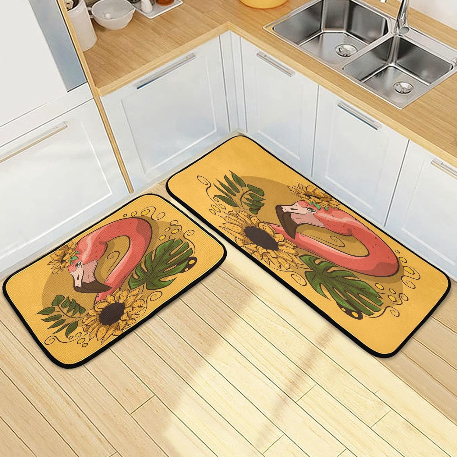 Flamingo Sunflower Wreath Kitchen Mats and Rugs Tropical Leaves Floor ...