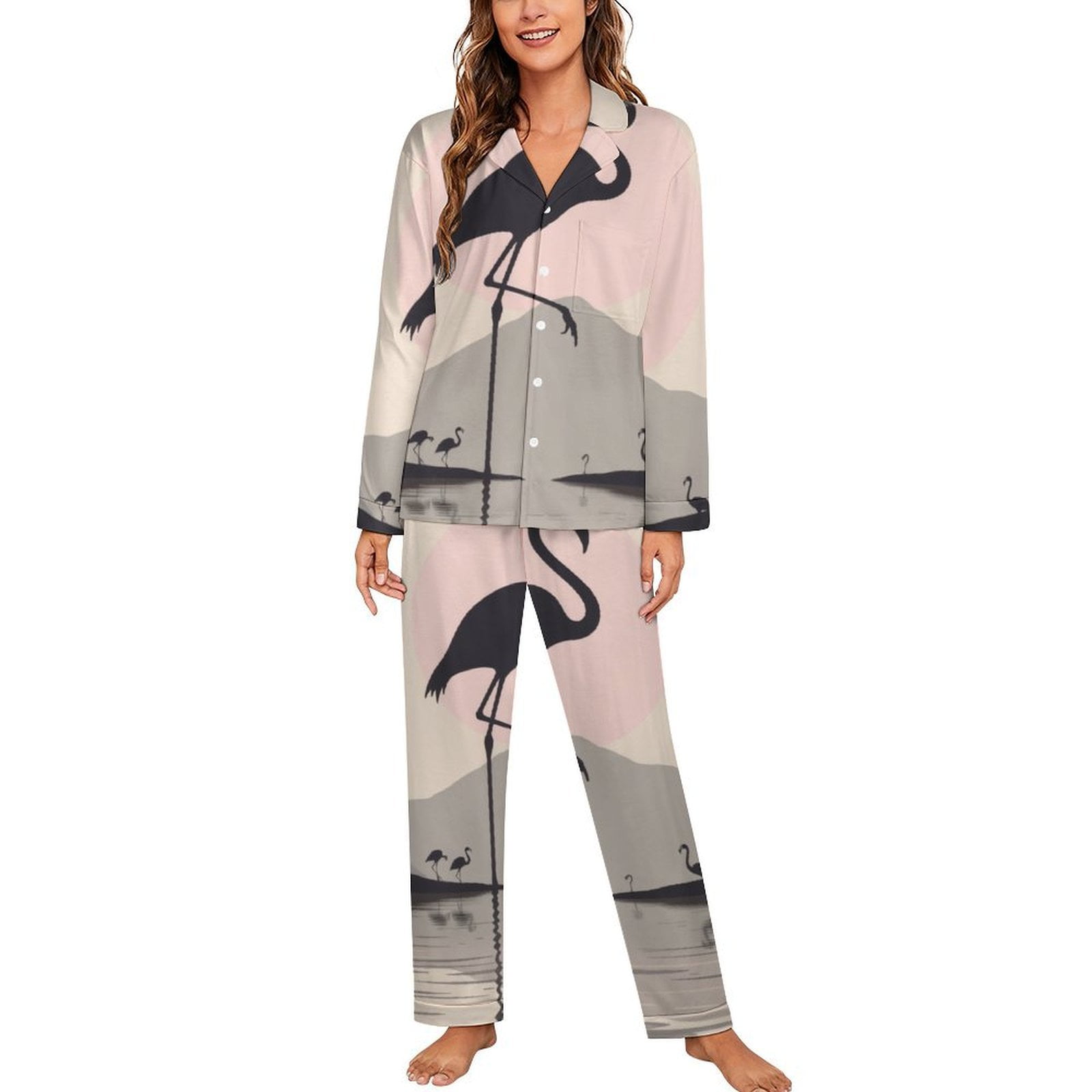 Flamingo Sunset Landscape Pajamas Night V Neck Nightwear Lady Two Piece ...