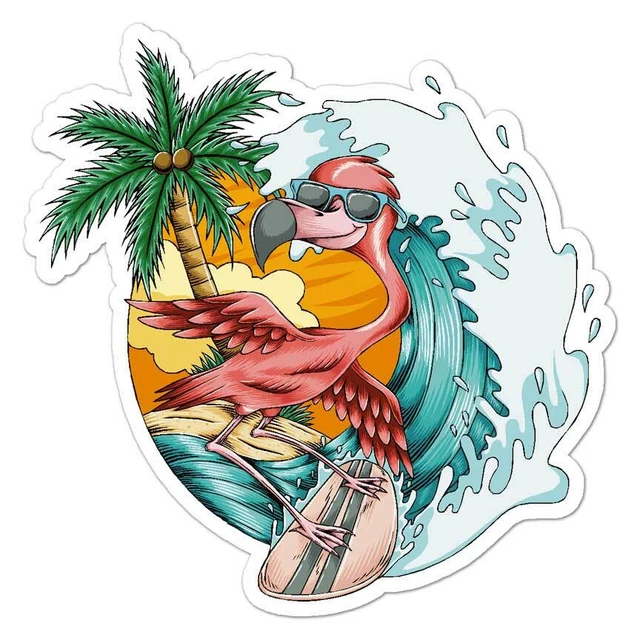 Flamingo Surfing Beach Sticker Indoor Outdoor Phone Decal Water Bottle ...