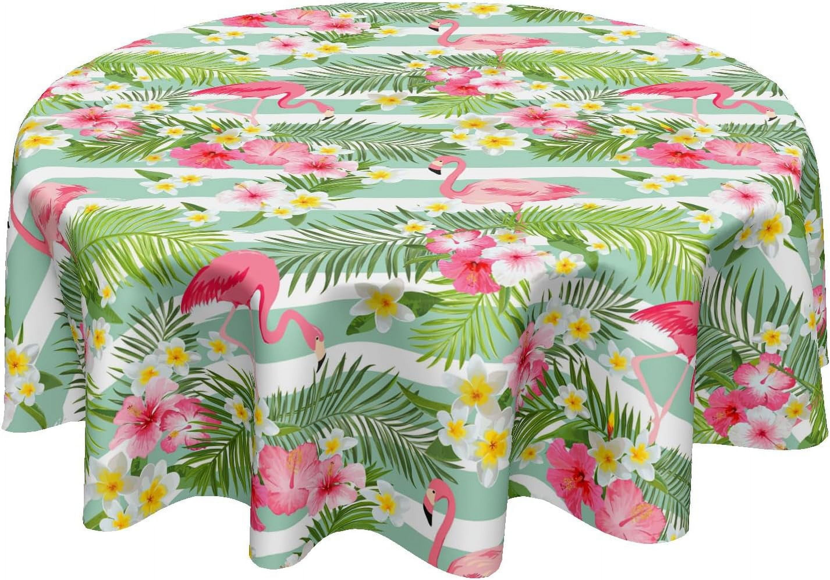 Flamingo Tablecloth Round 60 Inch Summer Tropical Floral Green and ...