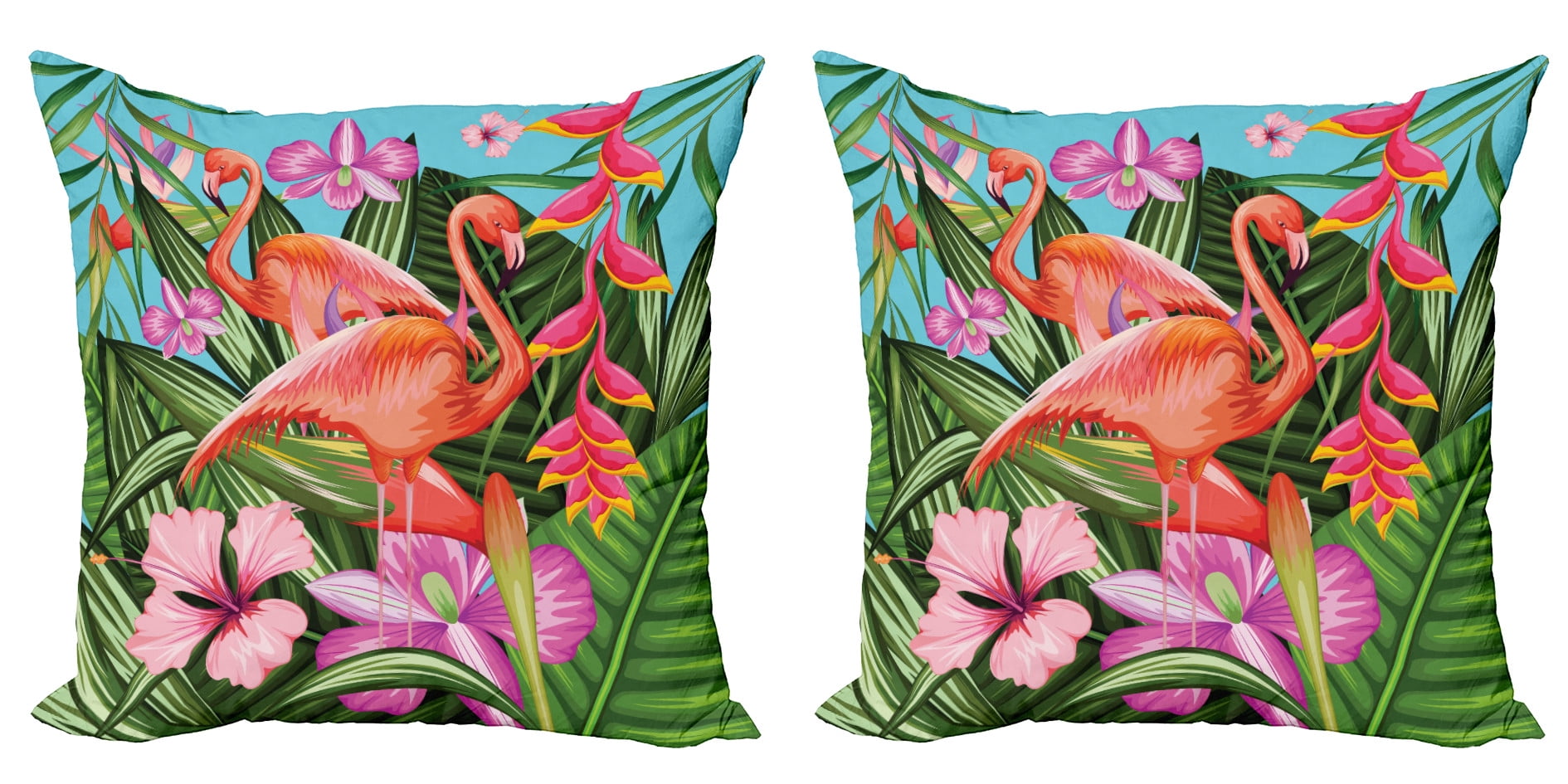 Ambesonne Flamingo Throw Pillow Cover 2 Pack, Hibiscus Tropic Flower ...