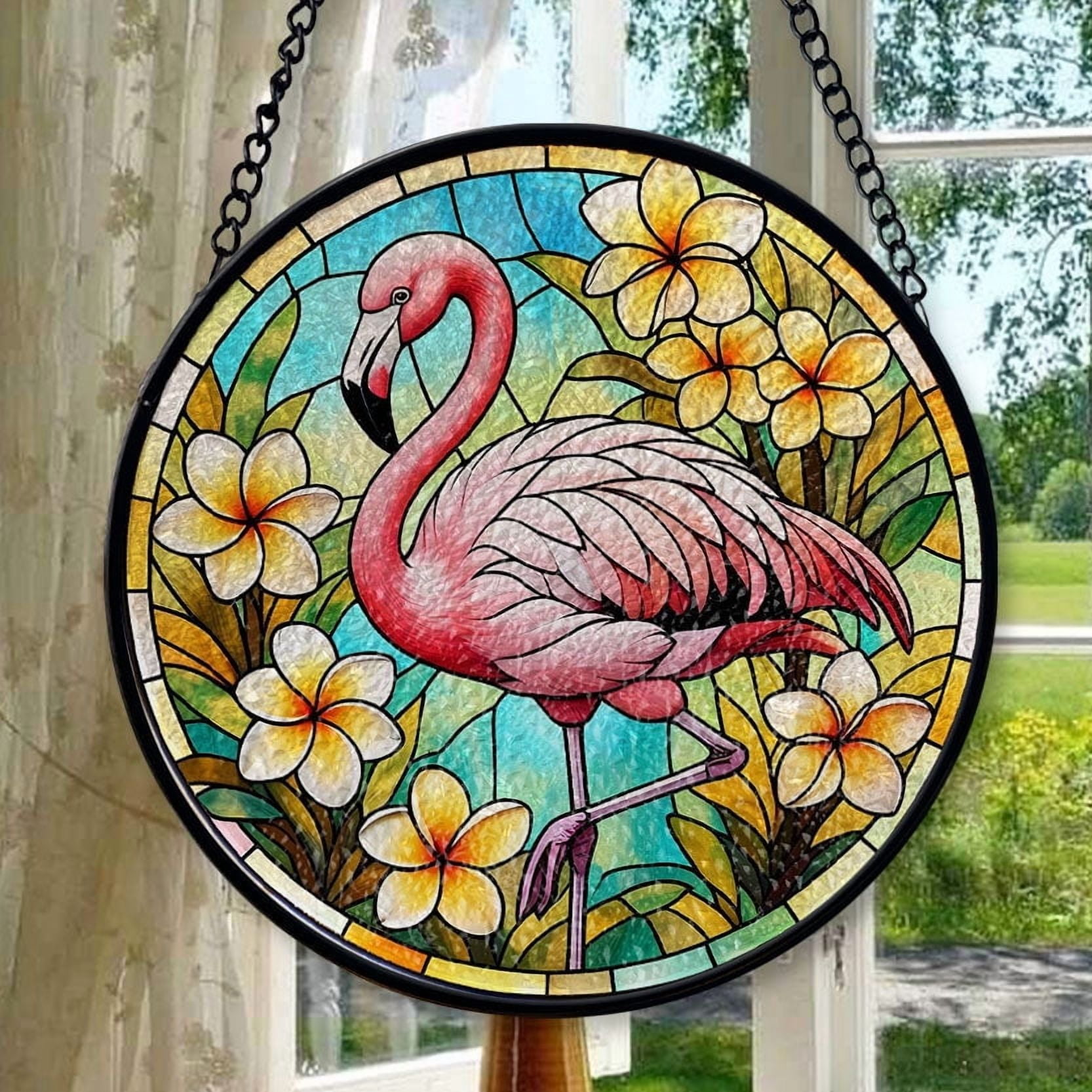 Flamingo Tropical Glass Suncatcher - Faux Stained Glass Summer Window ...