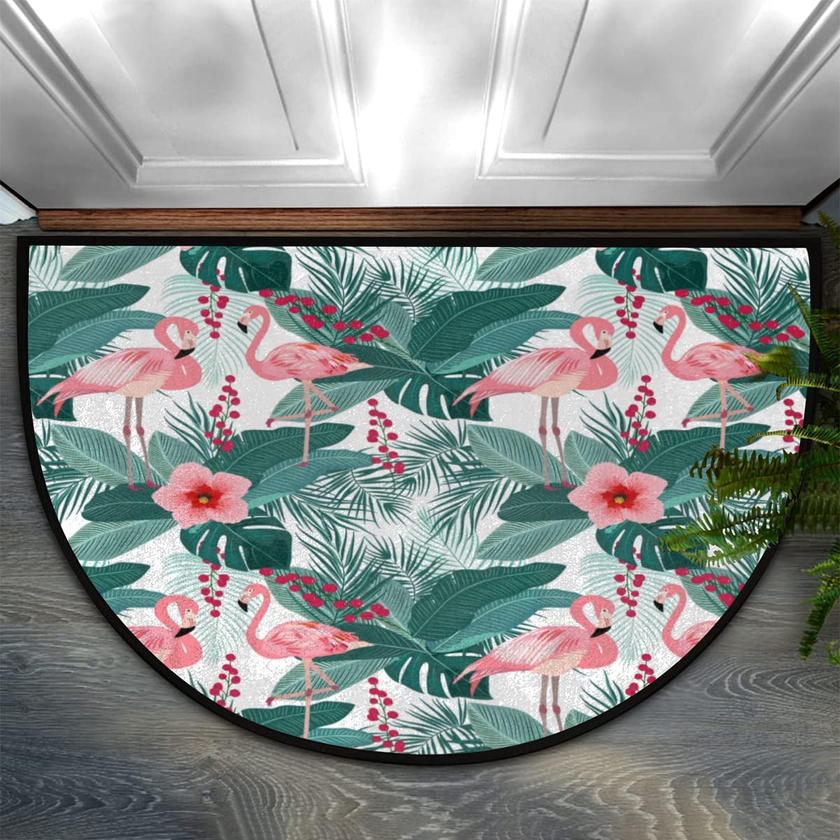 Flamingo Tropical Leaves Palm Tree Half Round Door Mat Semi Circle ...