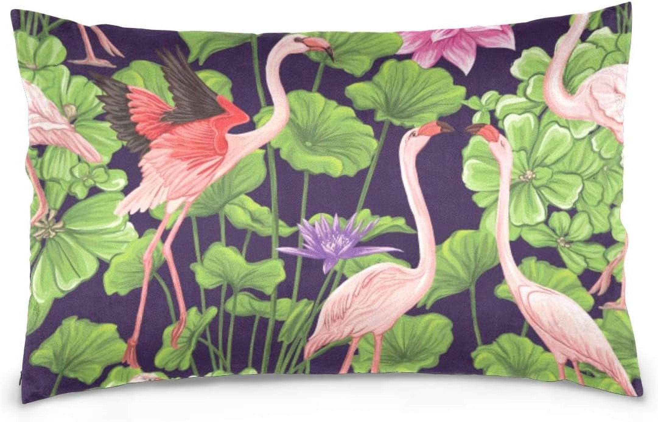 Flamingo and Tropical Plants Velvet Oblong Lumbar Plush Throw Pillow ...