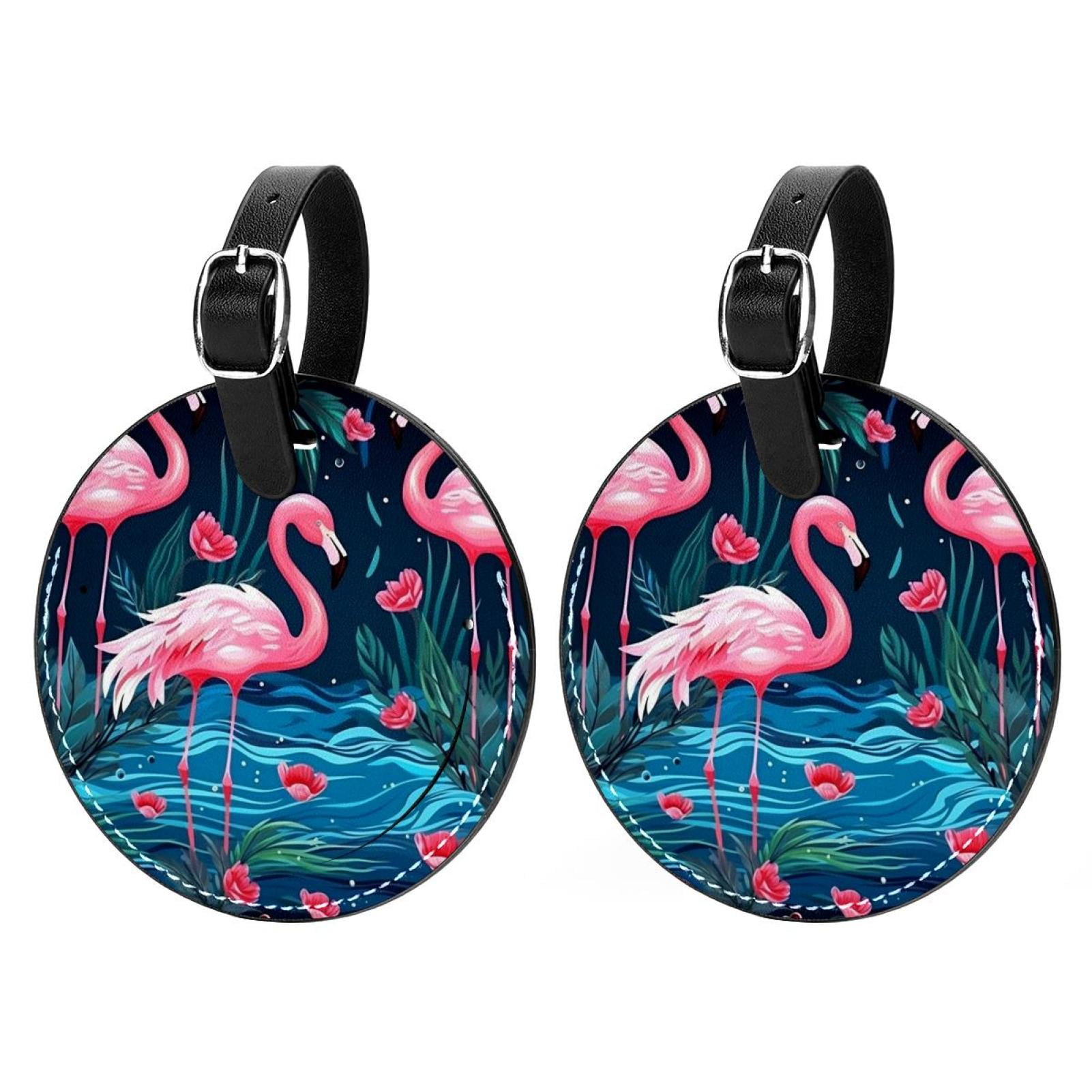 Flamingo Tropical Rainforest 2Pcs PU Leather Round Luggage Tags with ...