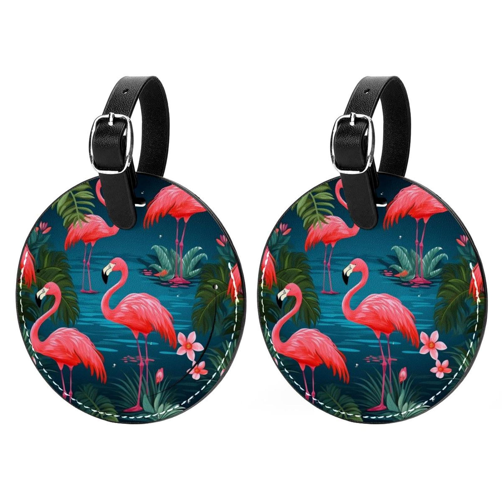 Flamingo Tropical Rainforest 2pcs PU Leather Round Bag Tags with ...