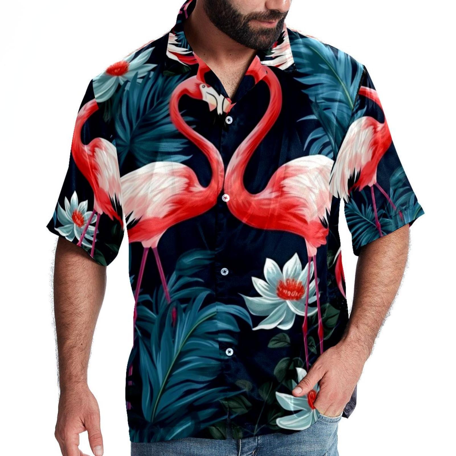 Flamingo Tropical Rainforest Men's Short Sleeve Shirts, Casual, Printed ...