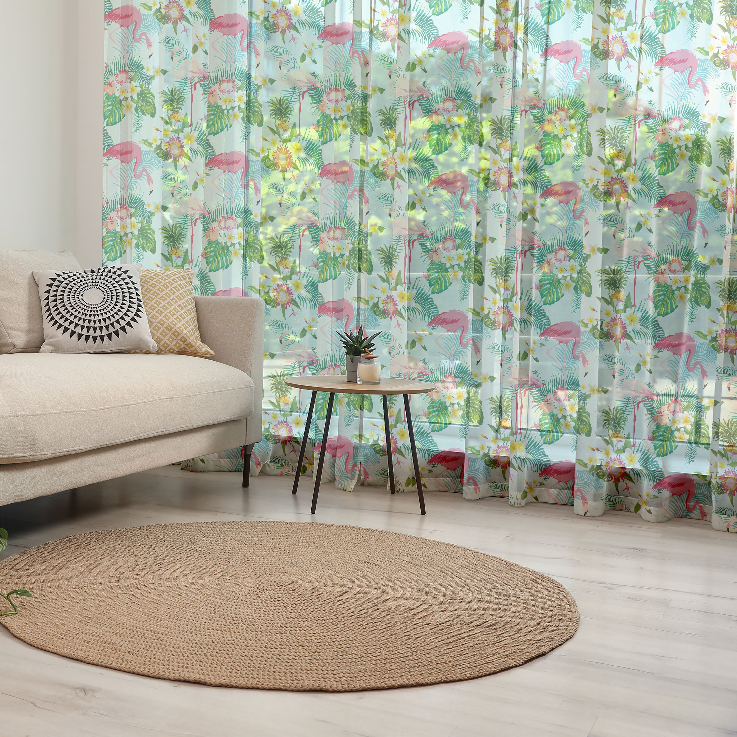 Flamingo Tulle Curtains with Rod Pocket, Fresh Exotic Jungle Rainforest ...