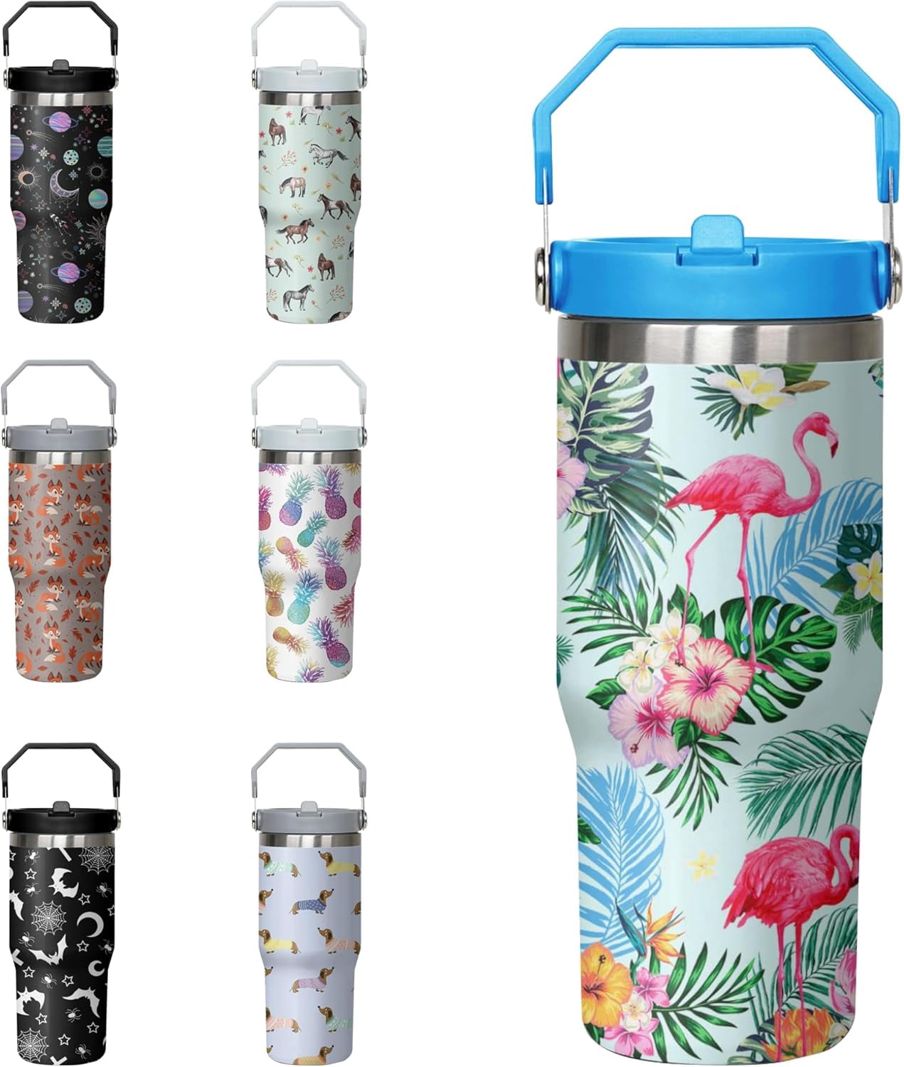 Flamingo Tumbler with Handle and Flip Straw for Women Men, 30oz ...