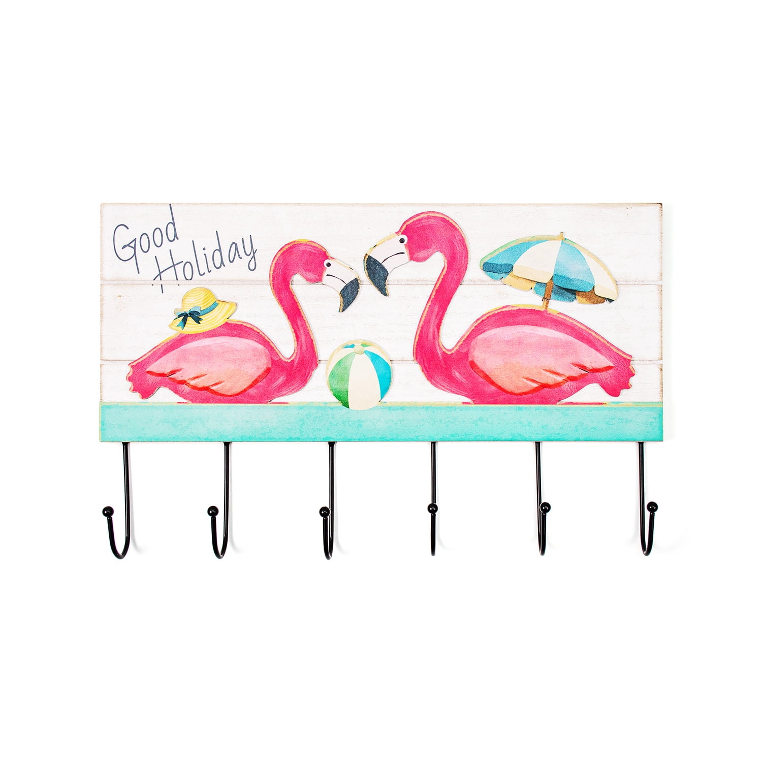 Flamingo Wall Mounted Coat Rack, 6 Hooks with "Good Holiday", Tropical ...