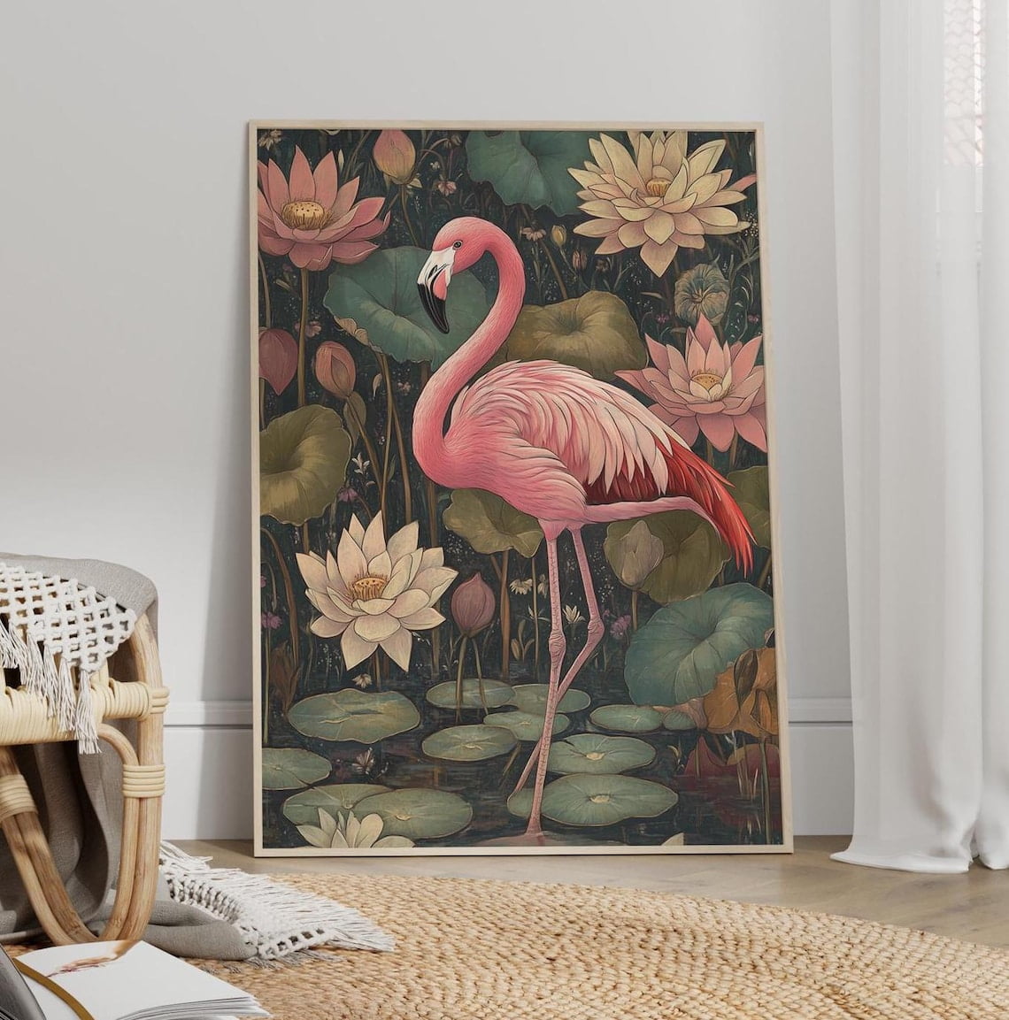 Flamingo Water Lilies Wall Art, Classic Floral Bird Decor, Unframed ...
