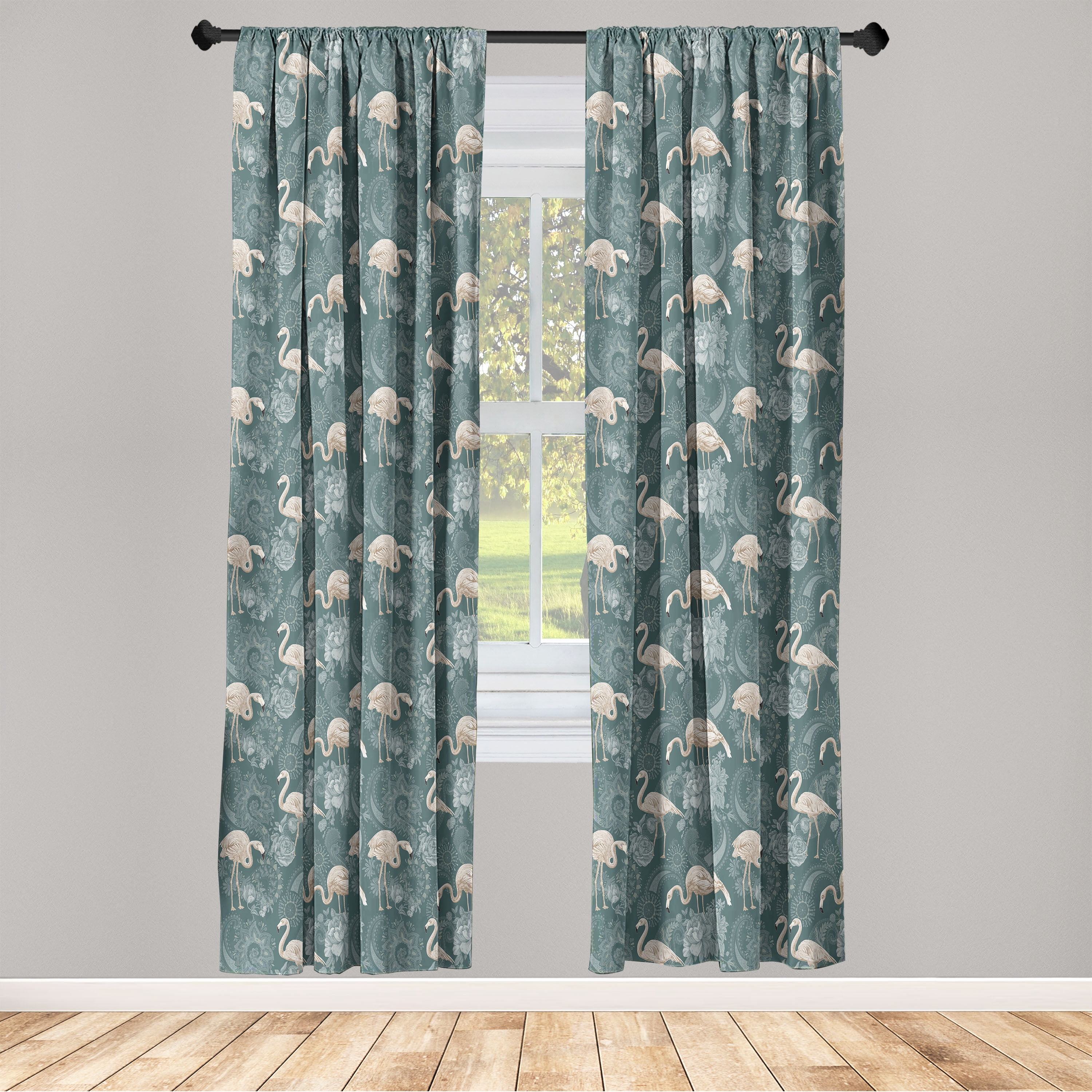 Flamingo Window Curtains, Exotic Bird Sketch With Rose and Oriental ...