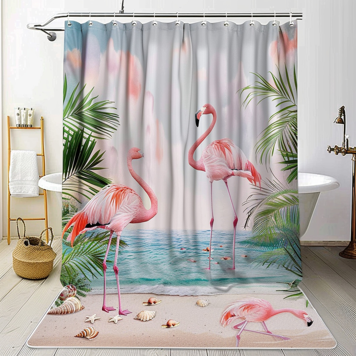Flamingo and Beach Themed Bathroom Decor Set Pastel Pink and Blue Color ...