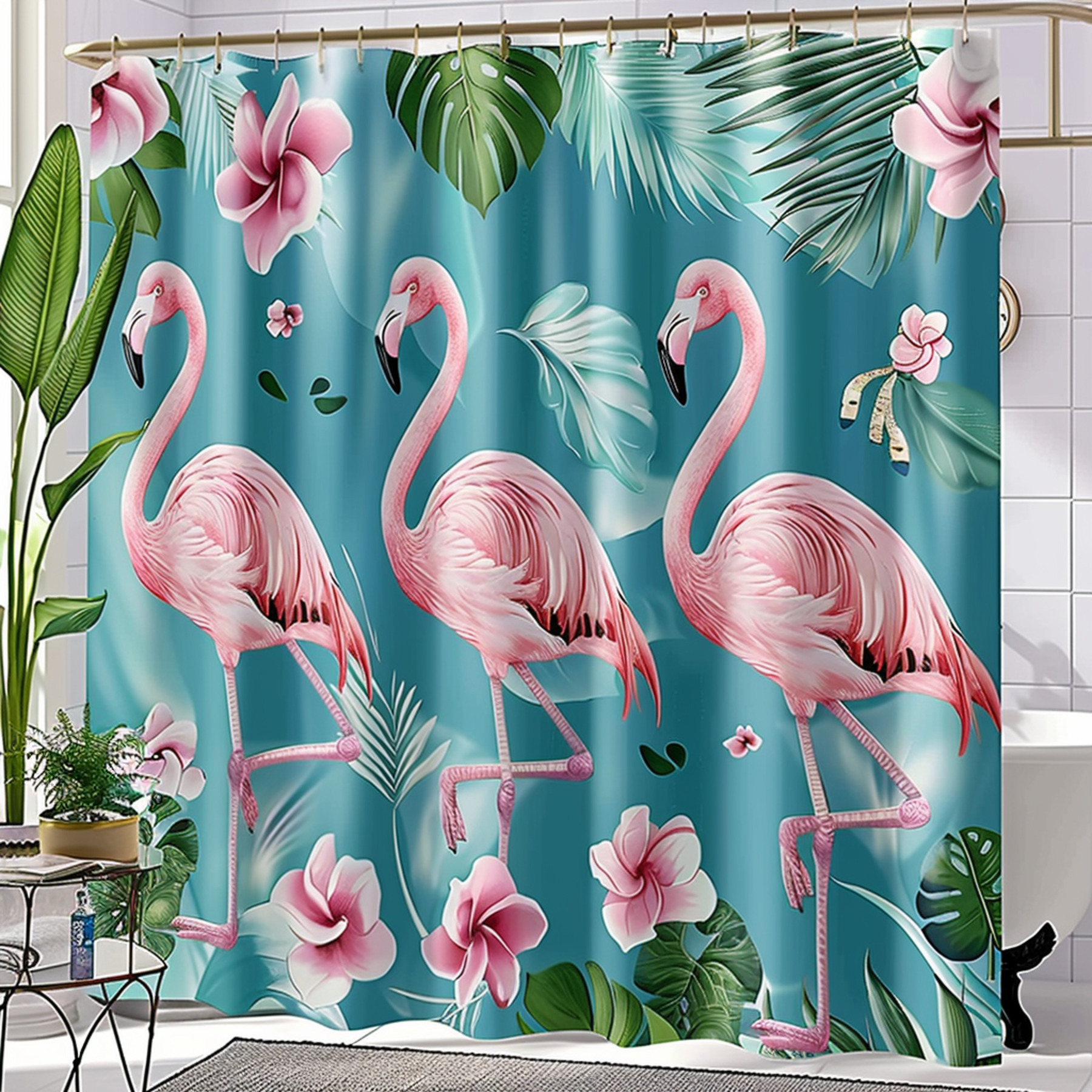 Flamingo and Floral Design Shower Curtain Blue Background with Pink ...