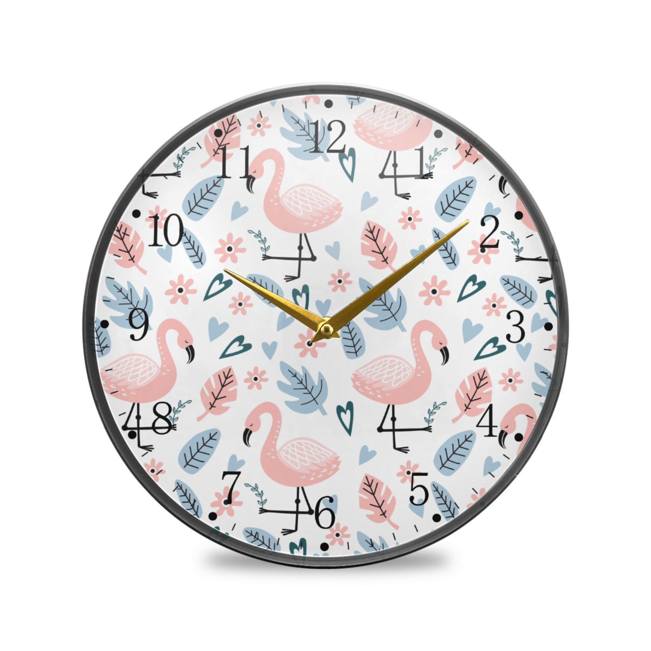 Flamingo and Flowers Acrylic Wall Clocks Quiet Round Clock Battery ...