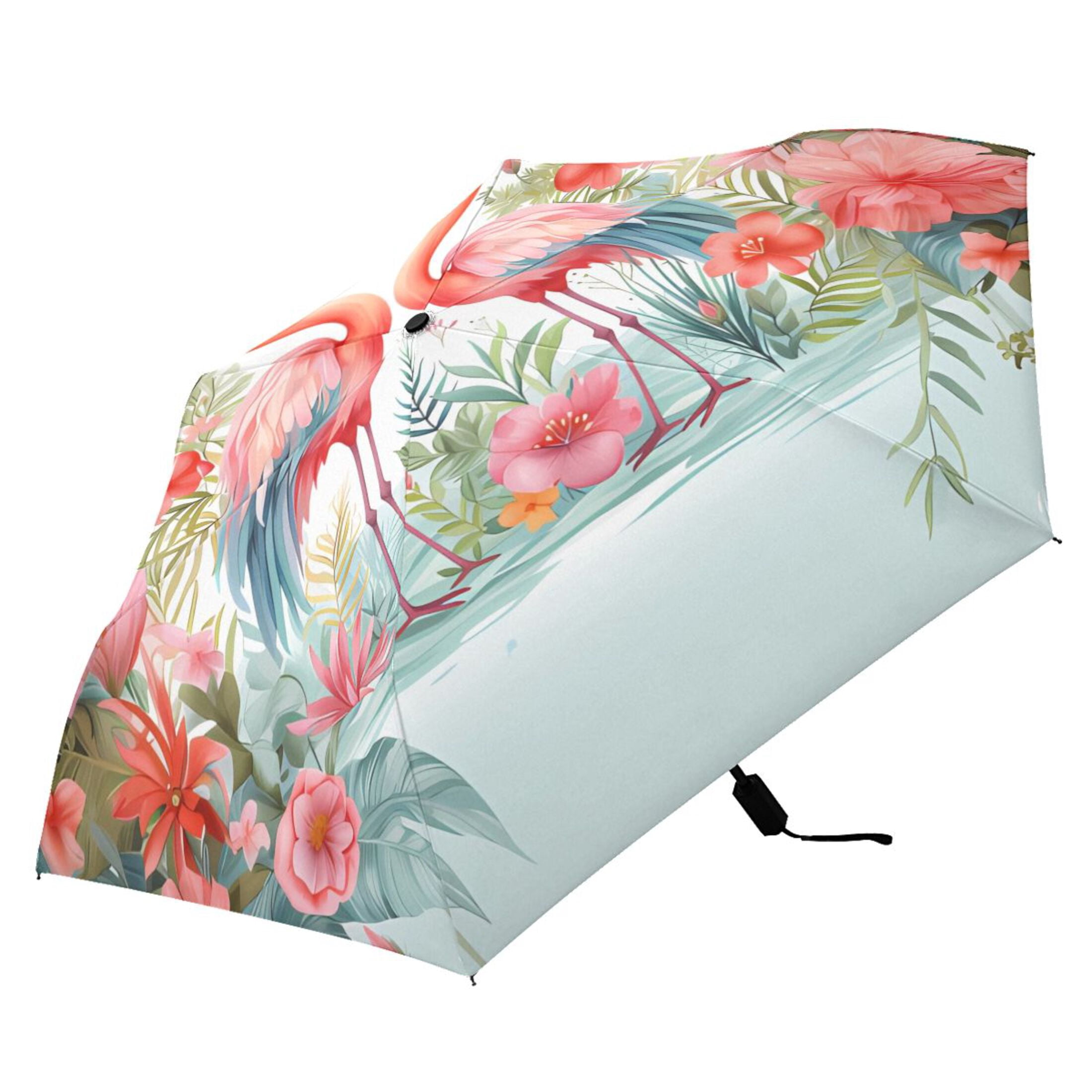 Flamingo and Flowers Compact Folding Umbrella for Rain Windproof Travel ...