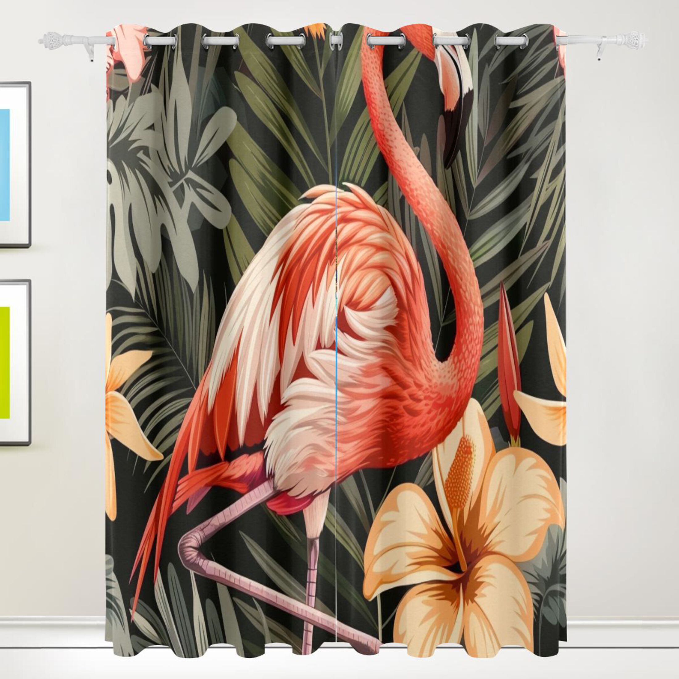 Flamingo and Leaves Flowers Blackout Curtains 2 Panels Set Grommet ...