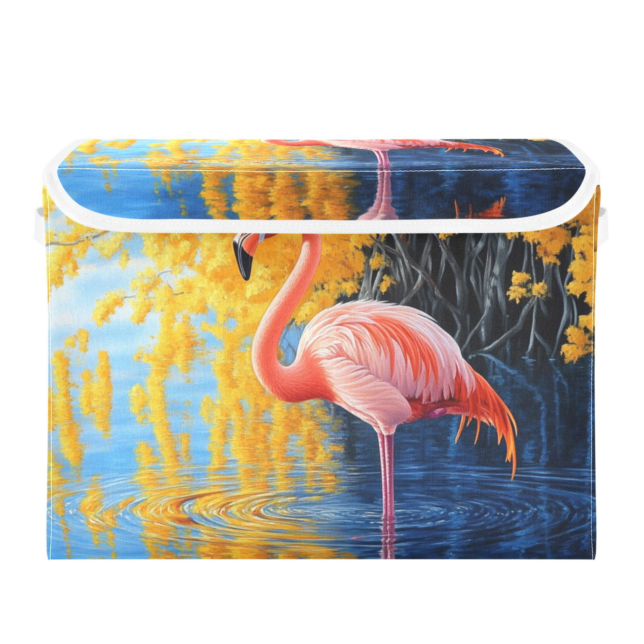 Flamingo in Lake Yellow Trees Foldable Storage Bin with Lid and Handle ...