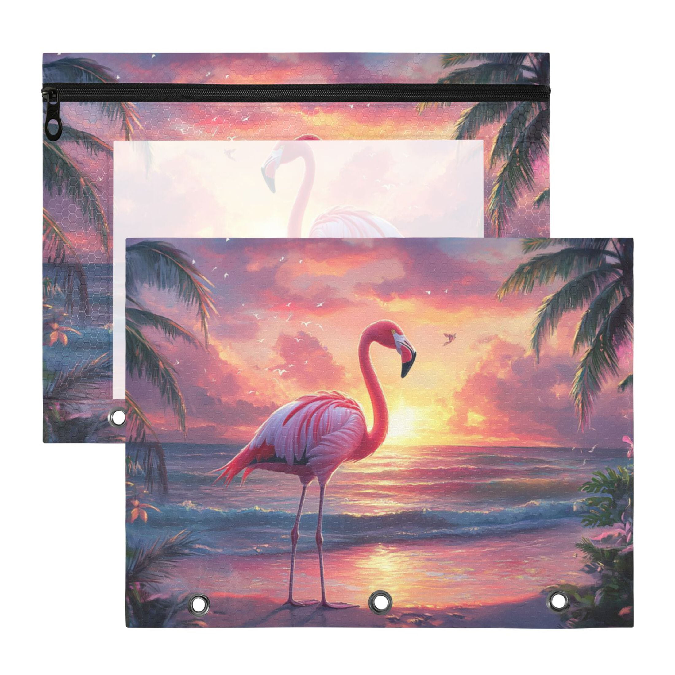 Flamingo on Dreamy Sunset Beach 3-Ring Binder Pouches A4 Size Zipper ...