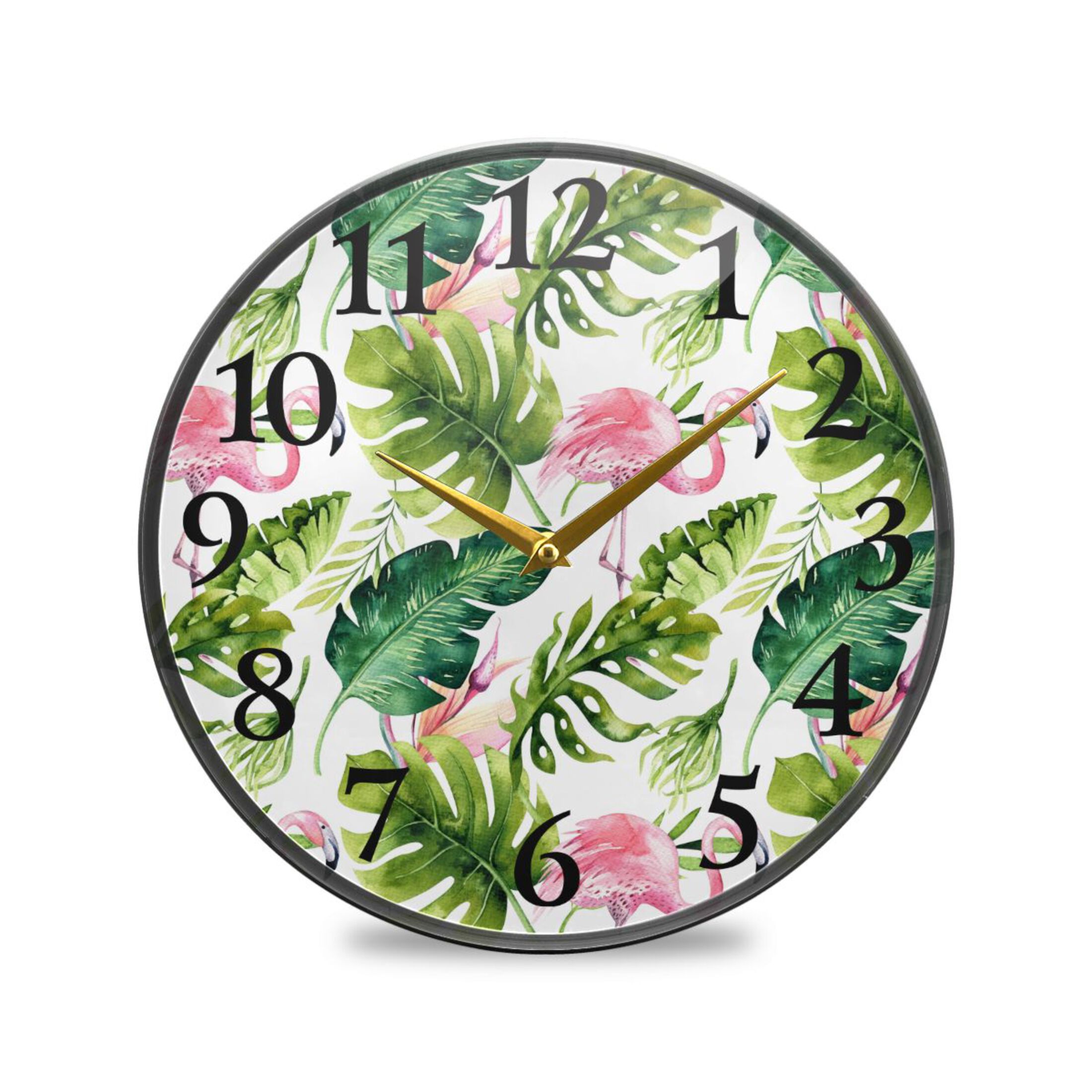 Flamingo on Tropical Palm Leaves Wall Clocks Battery Operated 9.5 Inch ...