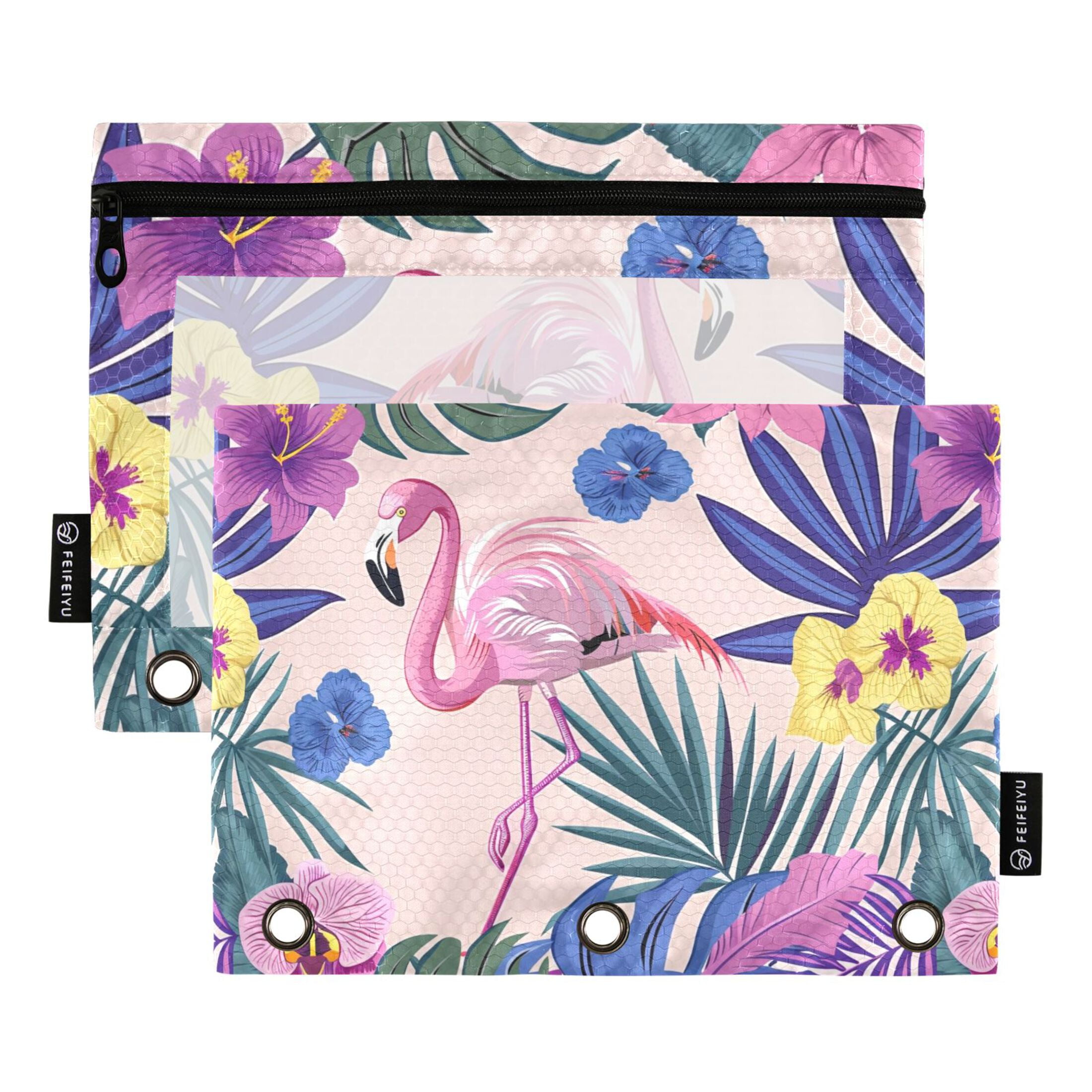 Flamingo with Flowers 2 Pack Pencil Pouch for 3 Ring Binder Smooth ...