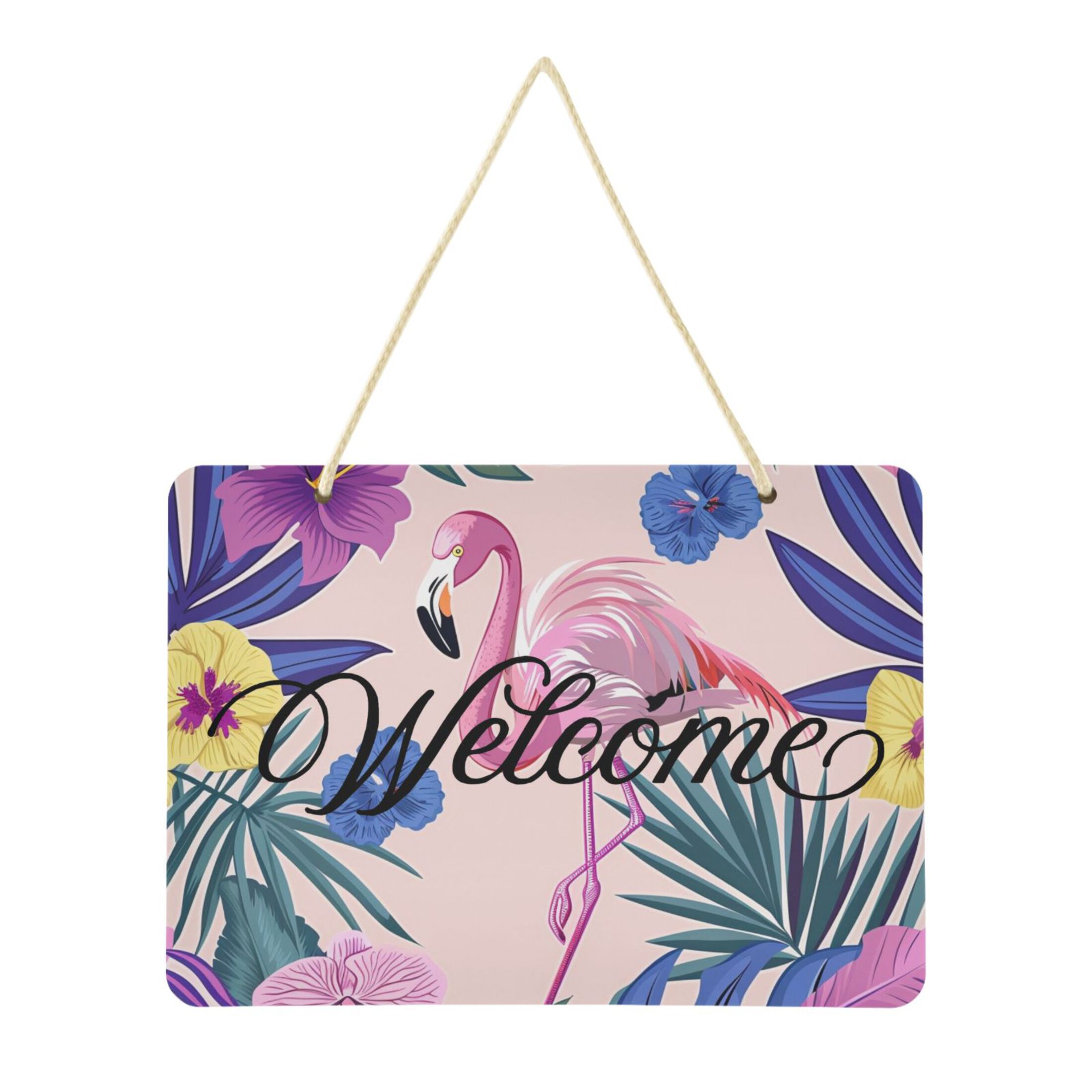 Flamingo with Flowers Welcome Sign Front Door PVC 14x10 inch Hanger ...