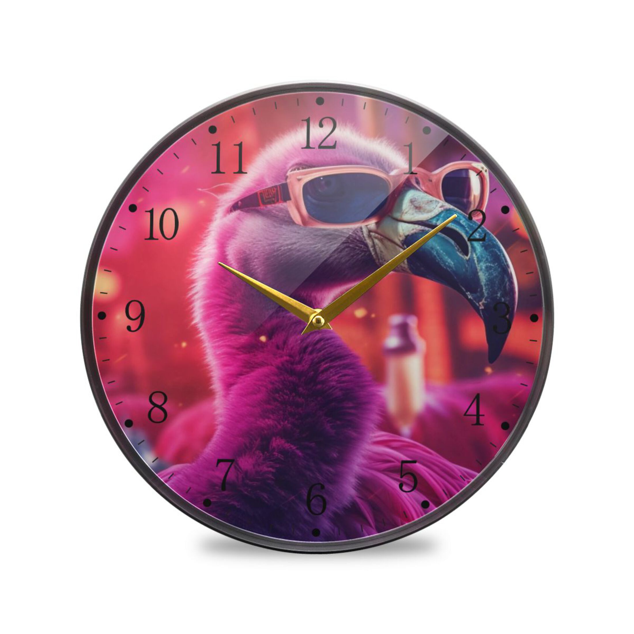 Flamingo with Glasses Acrylic Wall Clocks Quiet Round Clock Battery Operated Non-Ticking Clock ...