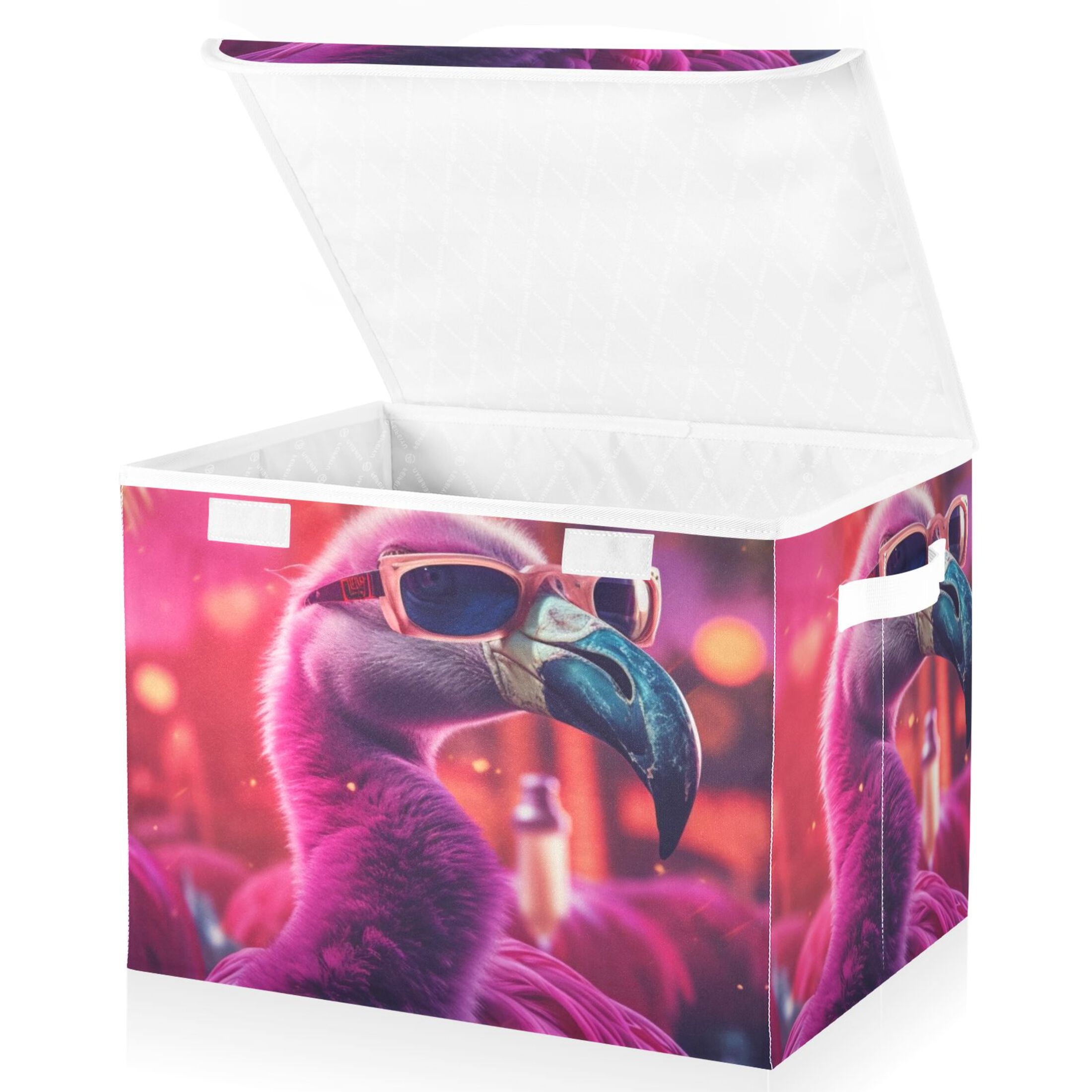 Flamingo with Glasses Large Lidded Bin Foldable Storage Baskets Boxes ...