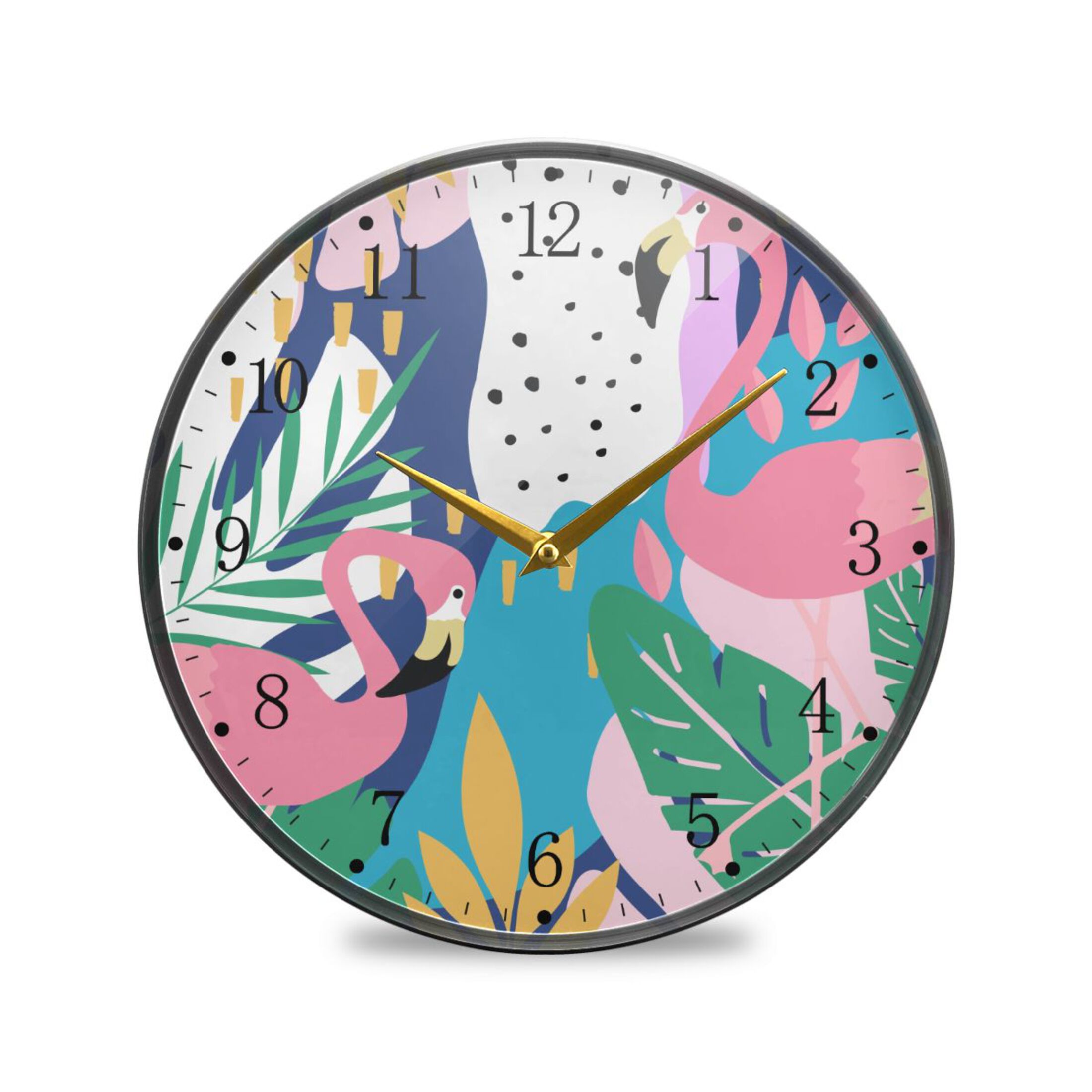 Flamingo with Leaves Acrylic Wall Clocks Quiet Round Clock Battery ...