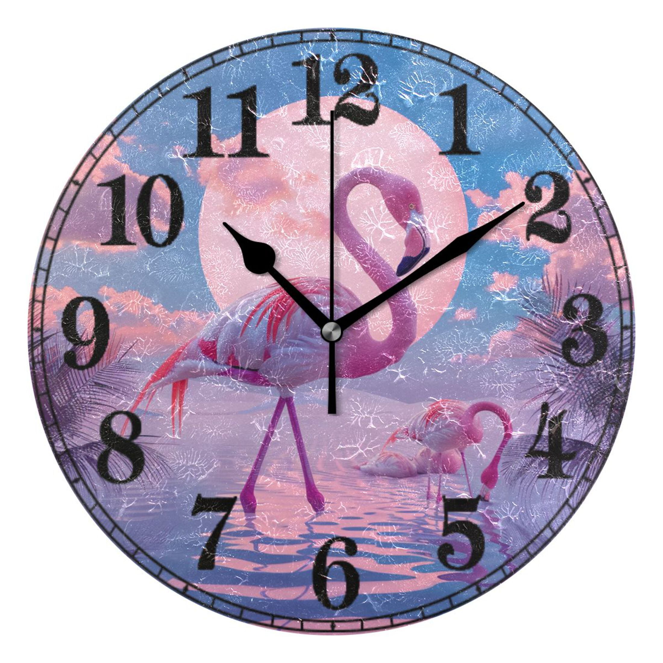 Flamingo with Moon Silent Wall Clock 10" Non-Ticking Battery Clock ...