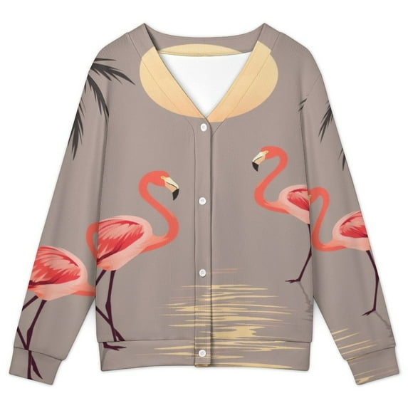 Flamingos Sunset Palms(2) Sweater Women V-neck Single-Breasted Letters ...