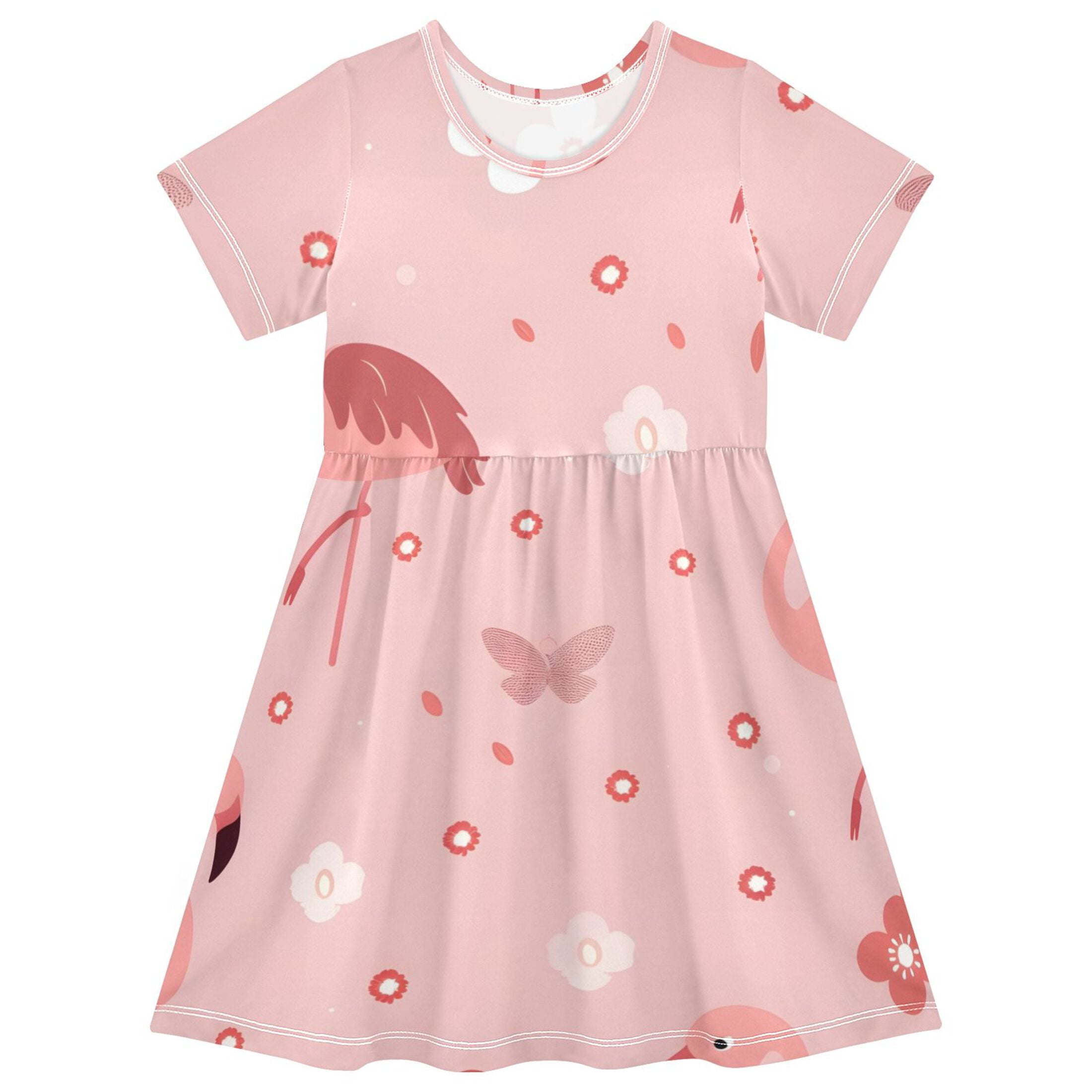 Flamingos and Flowers Girls' Short Sleeve Dress A-Line One-Piece Dress ...