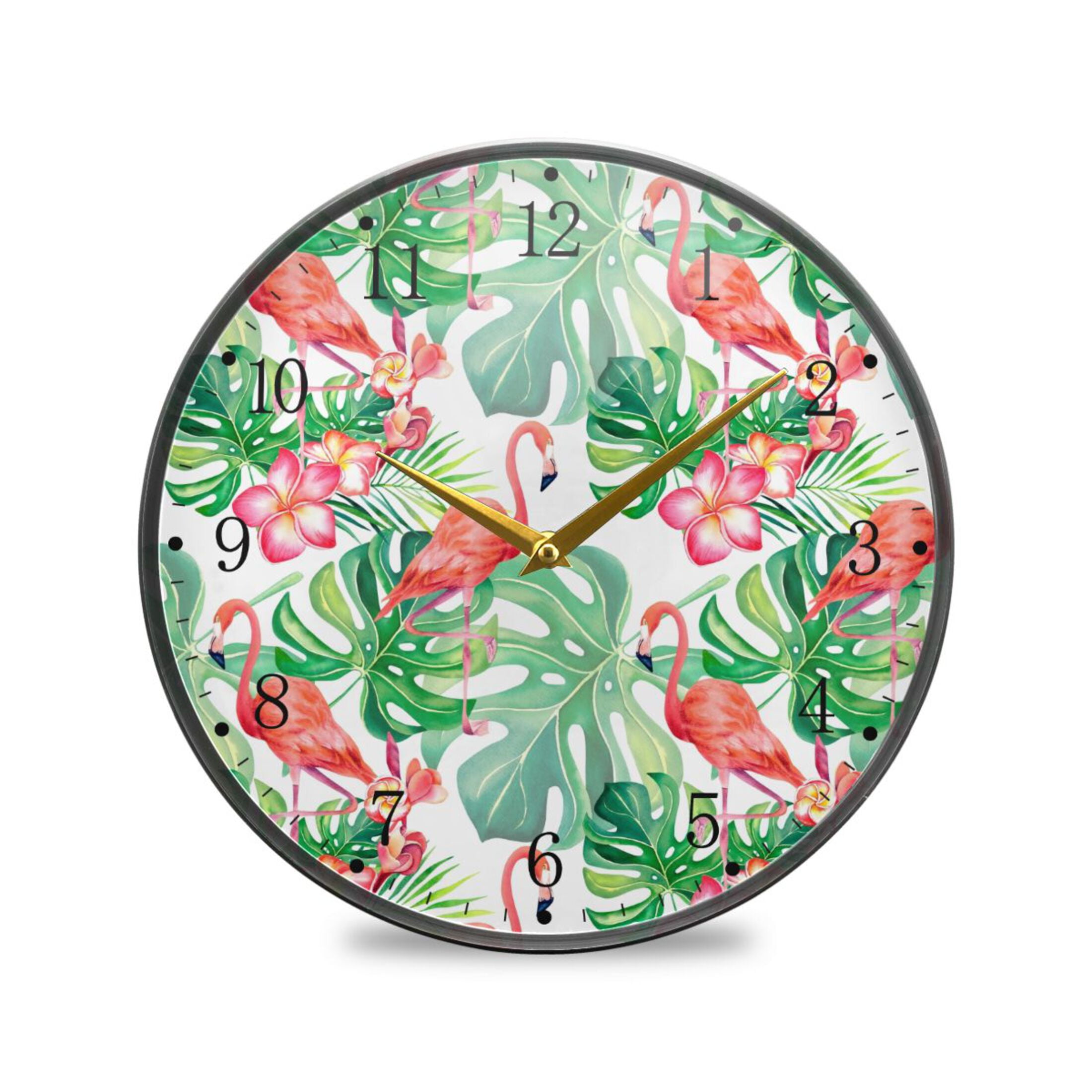 Flamingos and Palm Leaves Acrylic Wall Clocks Quiet Round Clock Battery ...