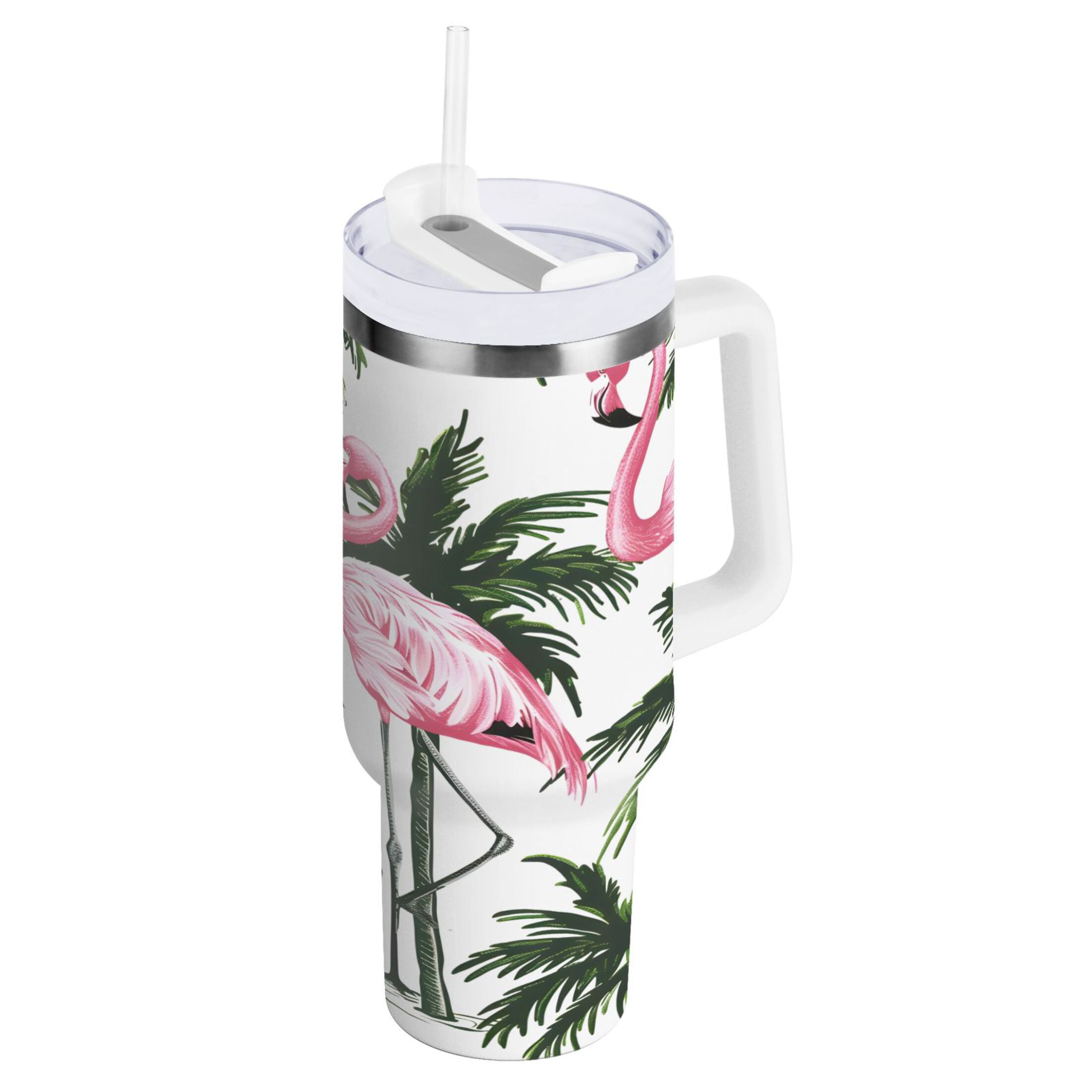 Flamingos and Palm Trees Tumbler with Handle and Straw Lid 40 oz ...