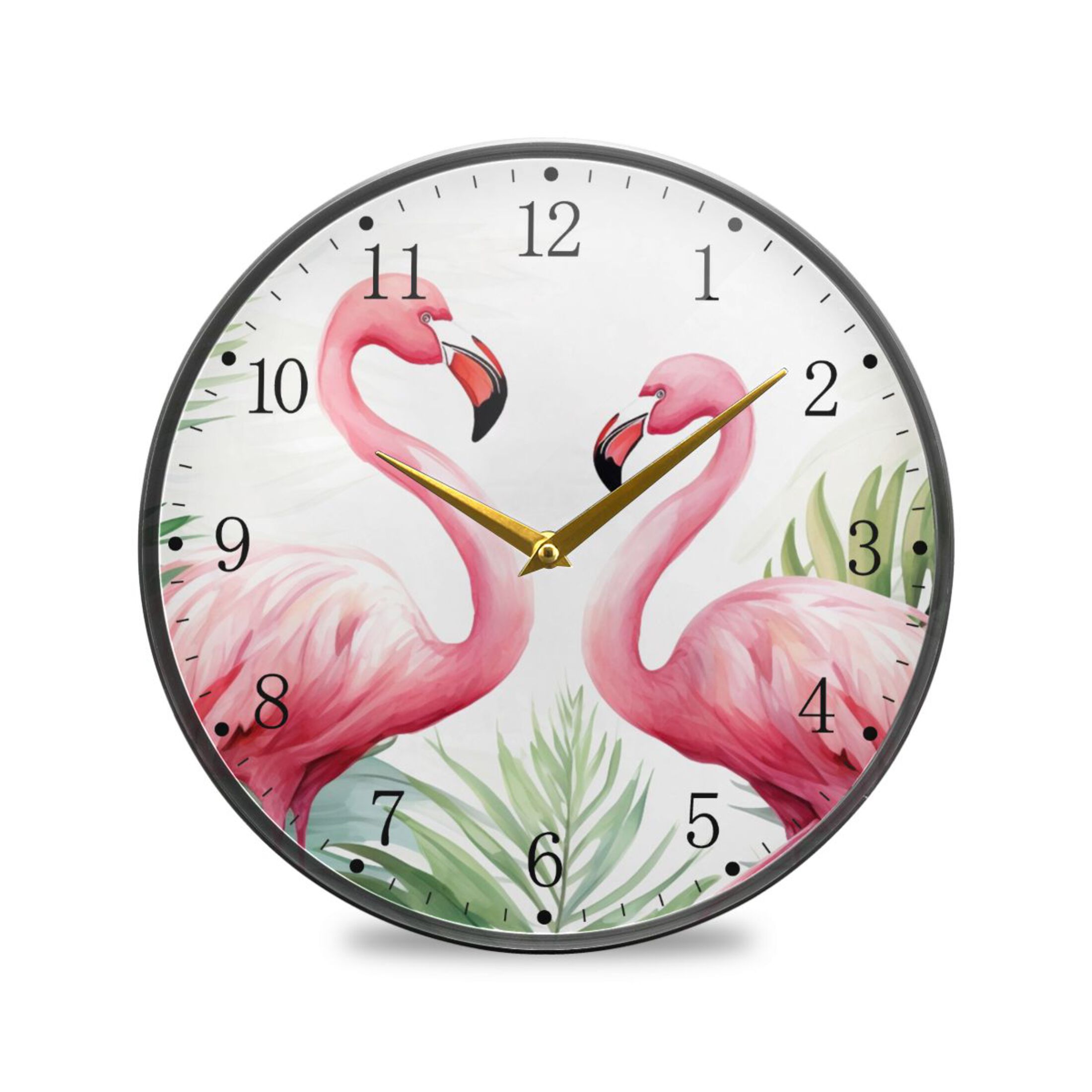 Flamingos and Plants Acrylic Wall Clocks Quiet Round Clock Battery ...