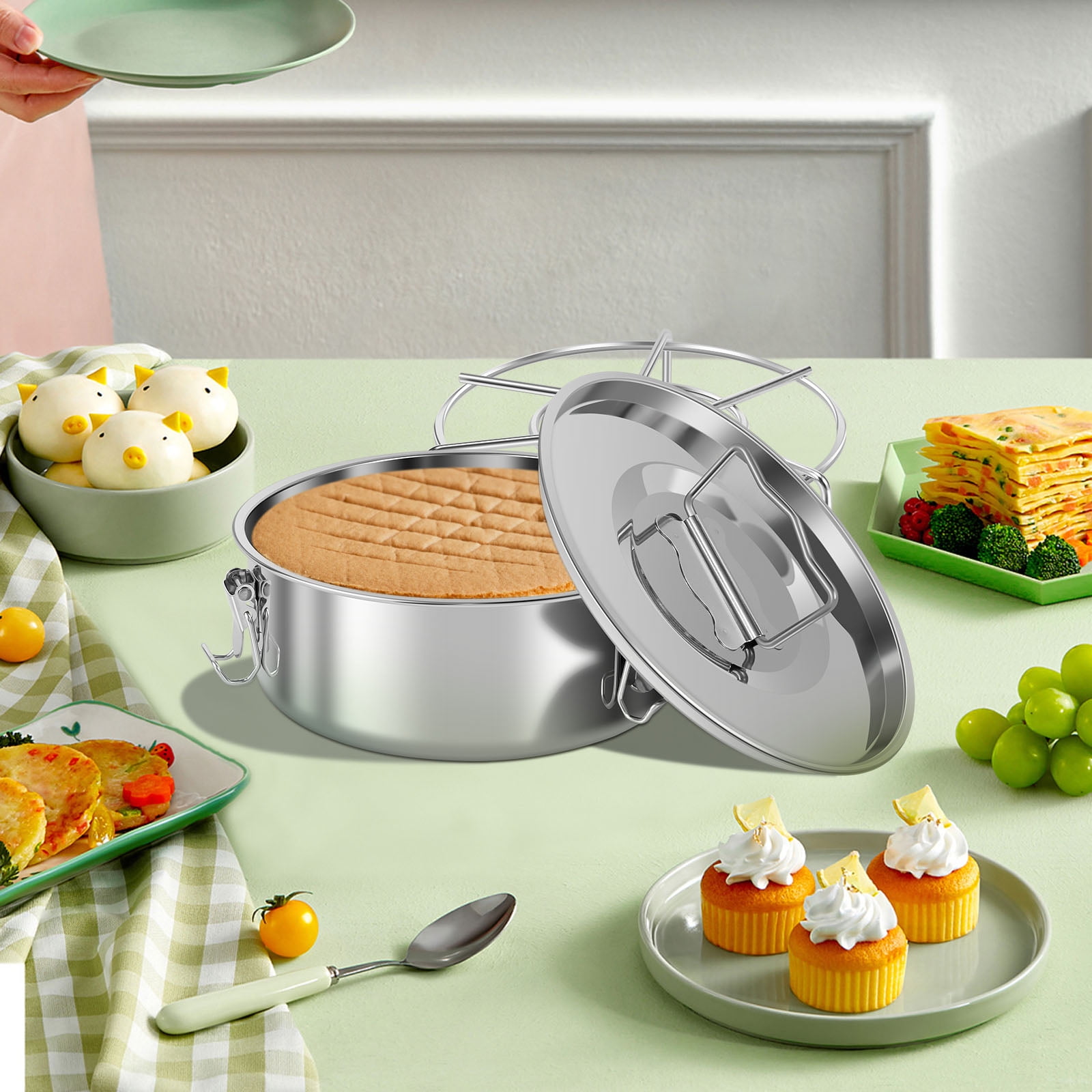 Flan Pan with Lid and Handle Stainless Steel Flan Pan Mold with 3 Locks ...