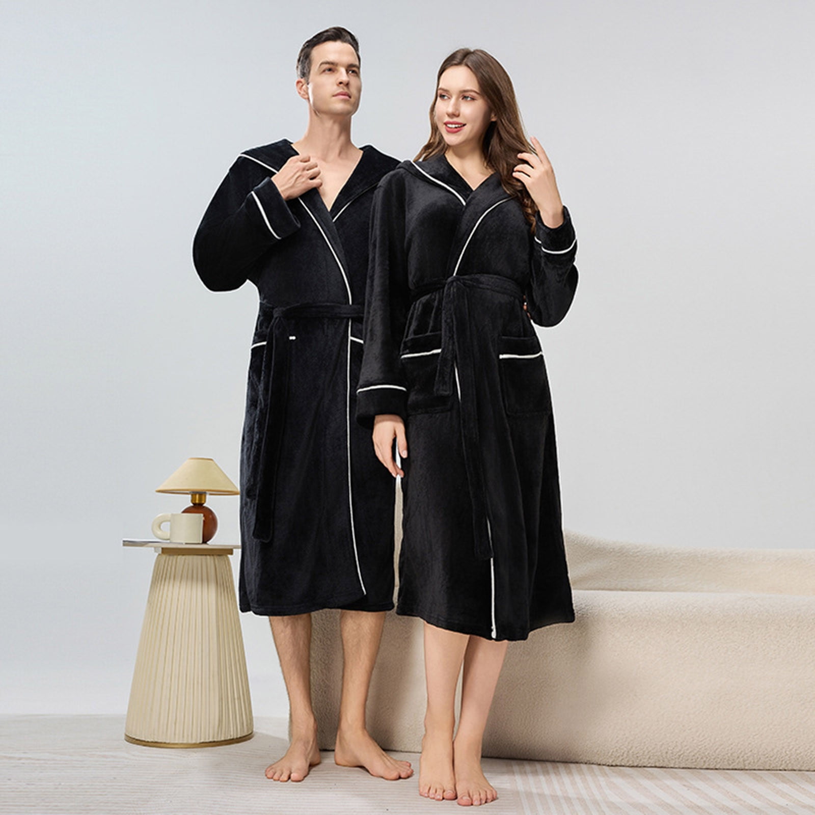 Flannel Bath Robes for Men Women with Hood and Pockets Plush Fleece ...