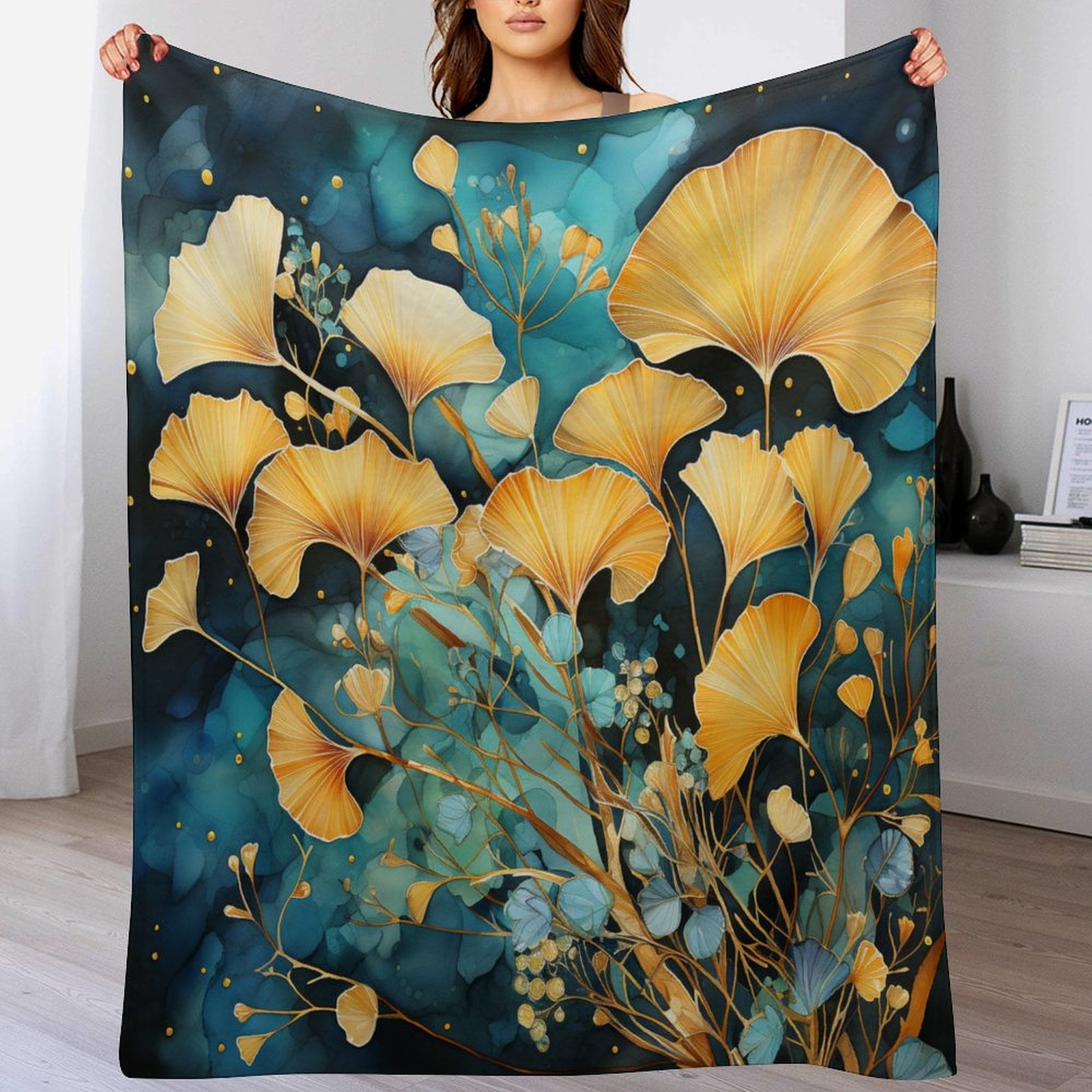 Flannel Bed Blanket Ginko Leaves Watercolor in Gold And Turquoise Home ...