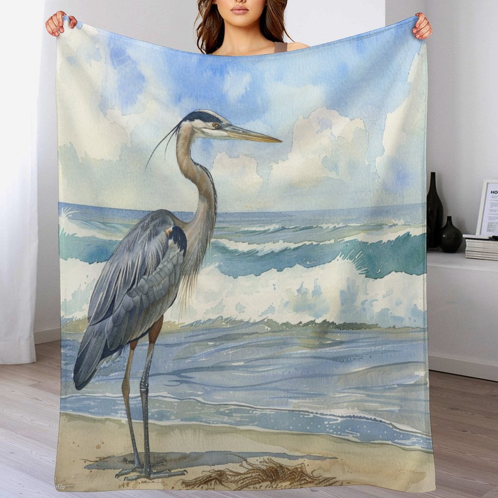Flannel Bed Blanket Watercolor Painting Blue Heron Beach Sea Wave ...