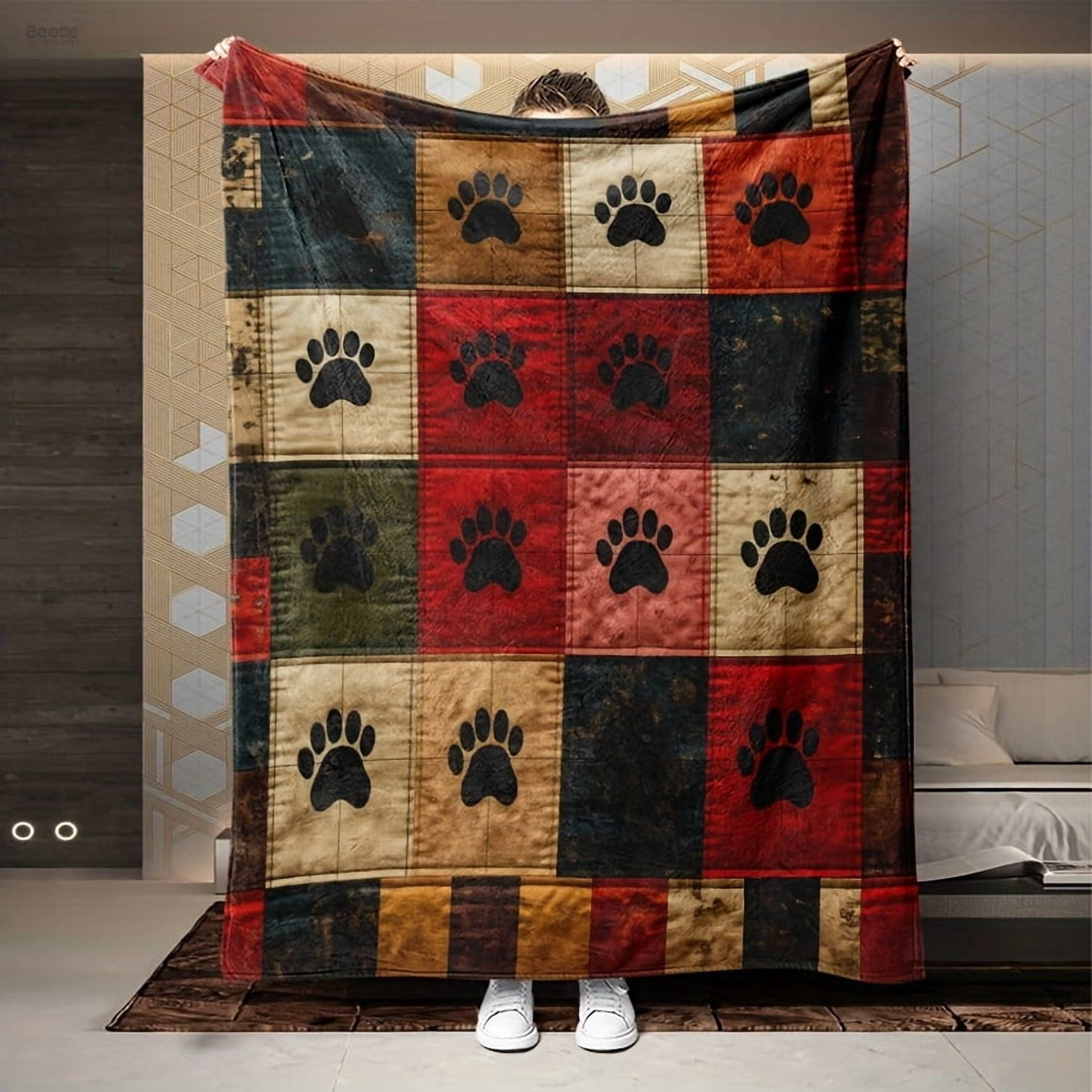 Flannel Blanket with Paw Print, Soft and Multicolor (Earthy Brown/Red ...