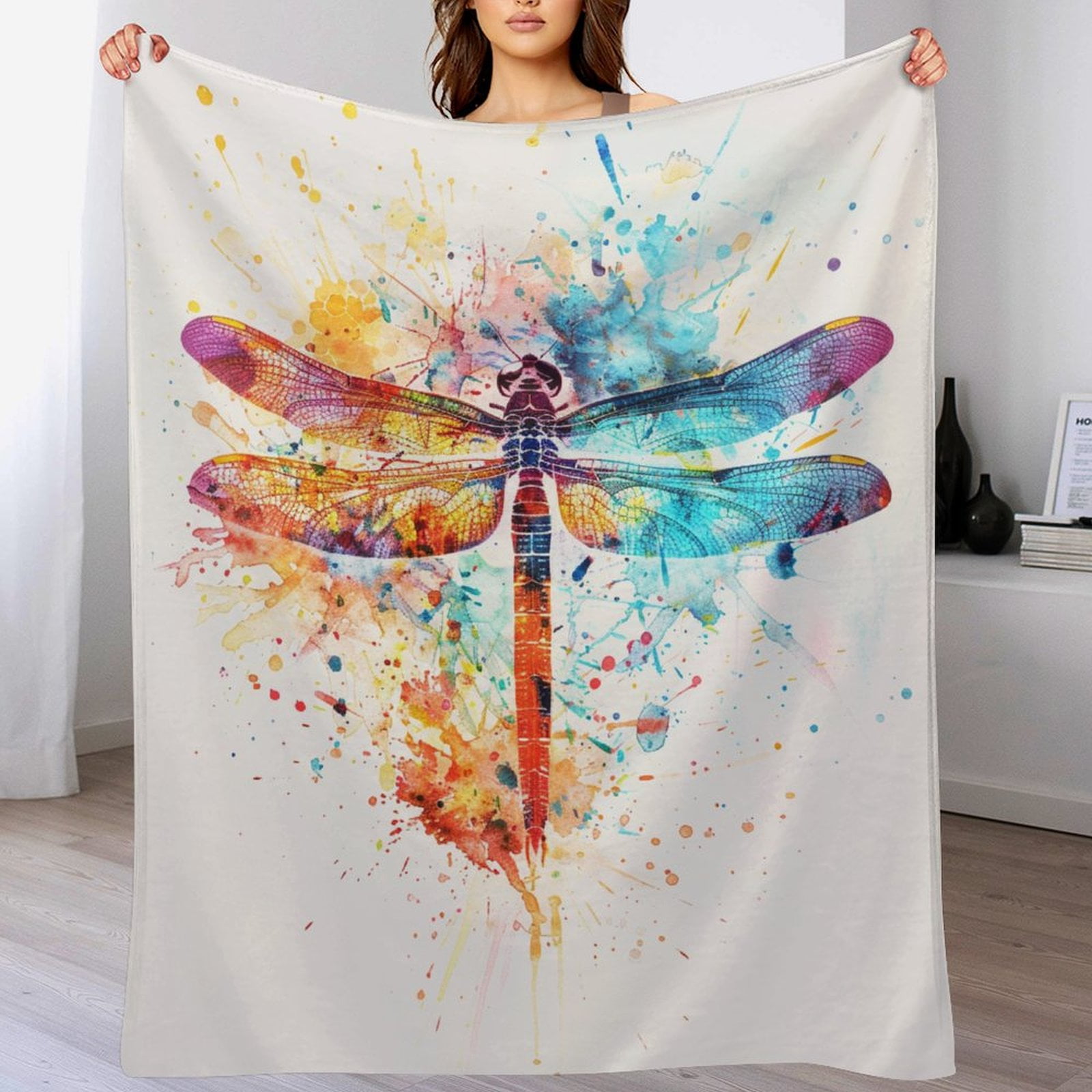 Flannel Blanket for Sofa Watercolor Dragonfly, Splatter Paint Home ...
