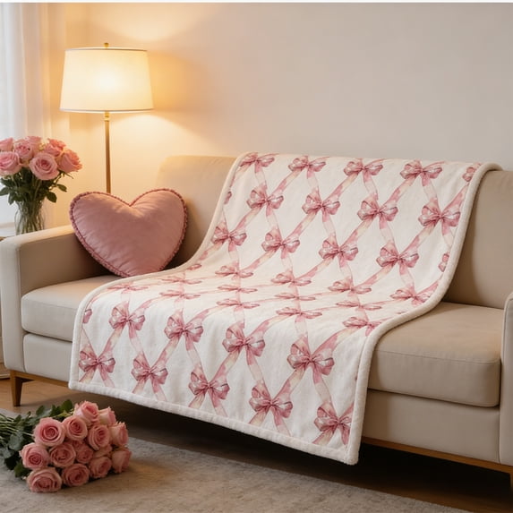 Flannel Blanket, Soft Polyester Throw, Pink Bowknot Design Lightweight ...