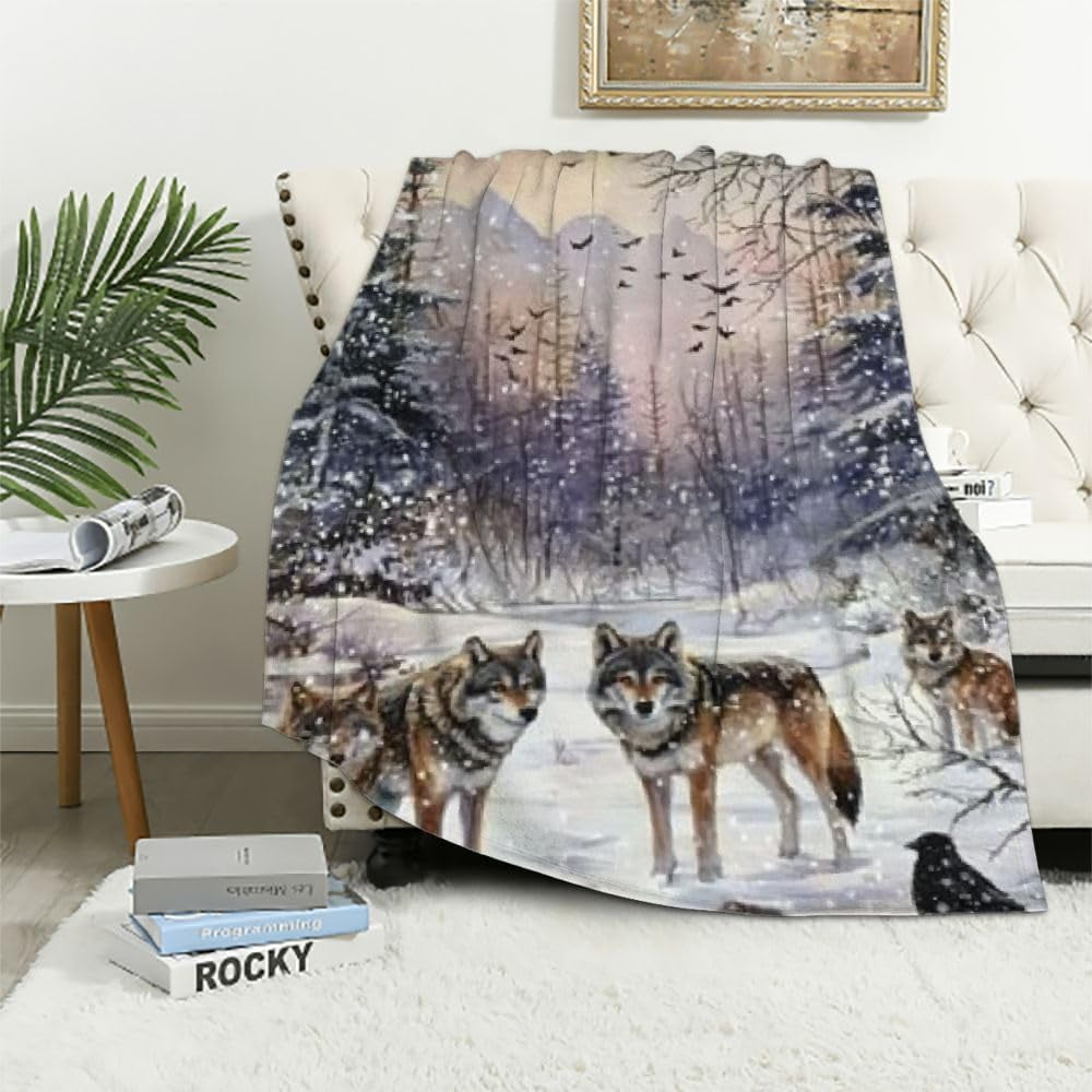 Flannel Blanket with Serene Winter Wolf Scene Featuring a Pack of ...
