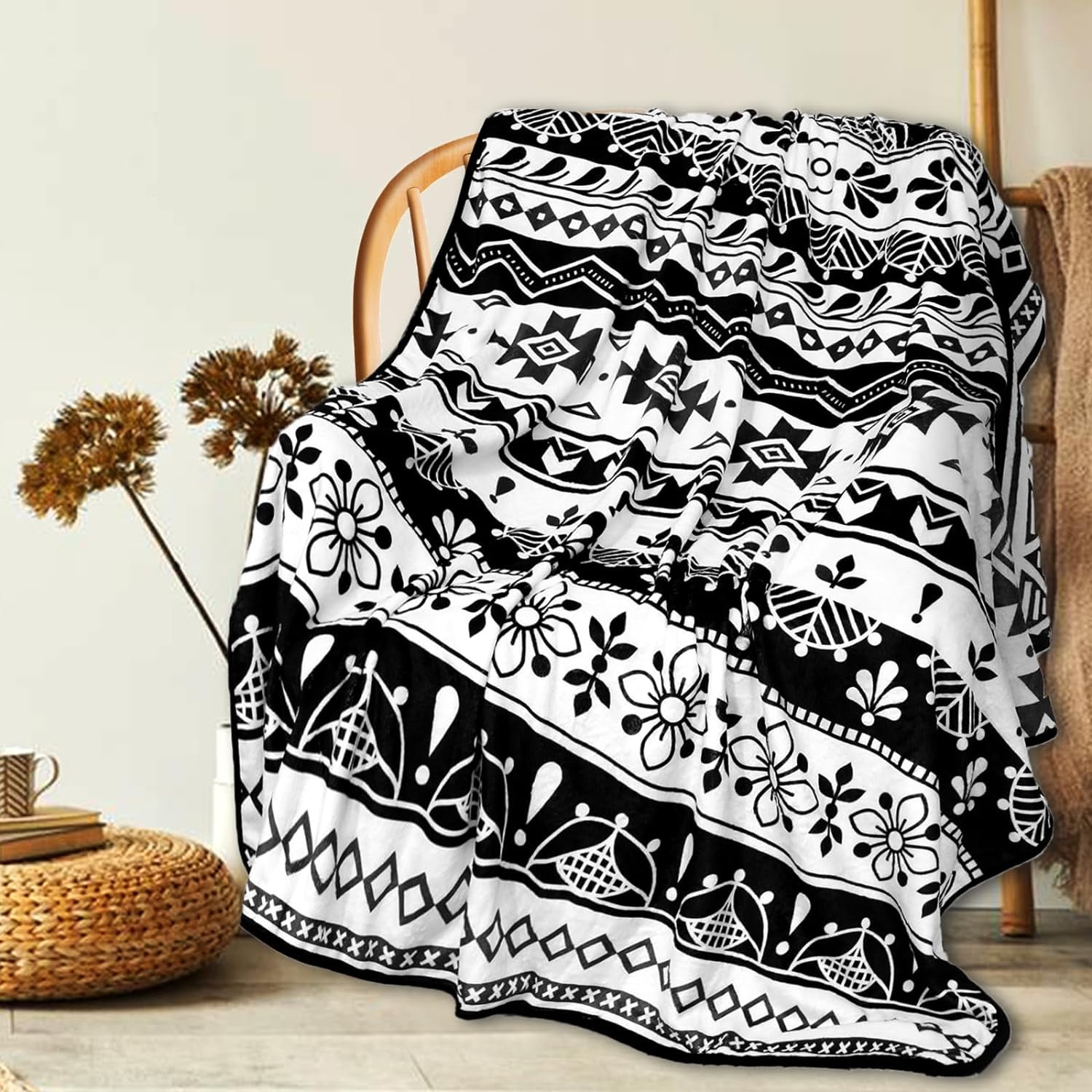 Flannel BohoThrow Blanket Black and White Decorative Throw Blankets for ...