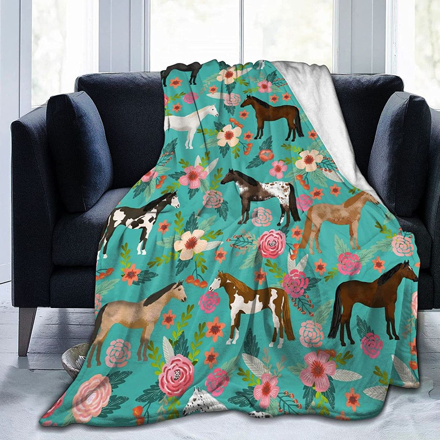 Flannel Fleece Plush Throw Blanket,Horses Floral Horse Breeds Farm ...