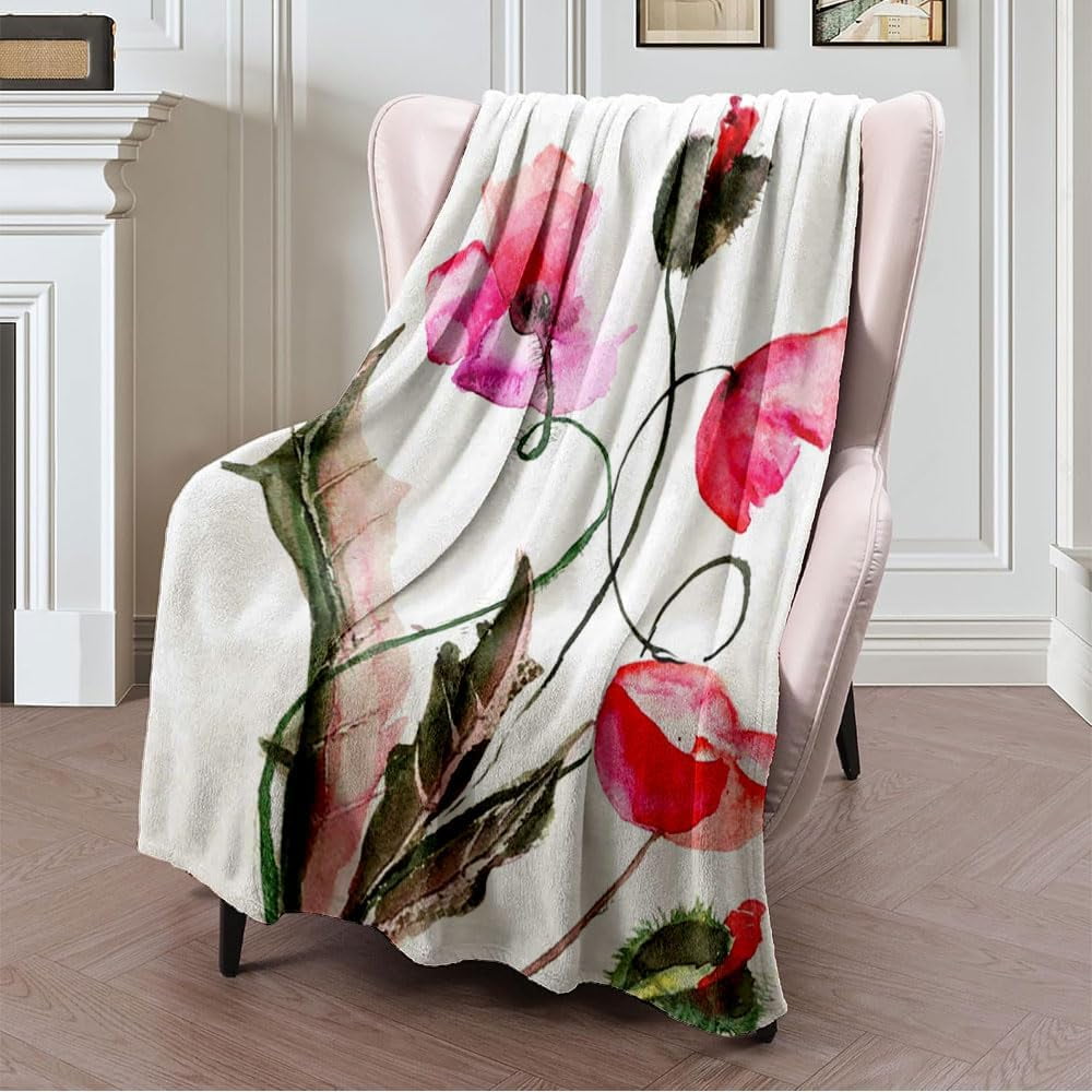 Flannel Fleece Throw Blanket 50" x 60" Red Bloom Poppy Flowers ...