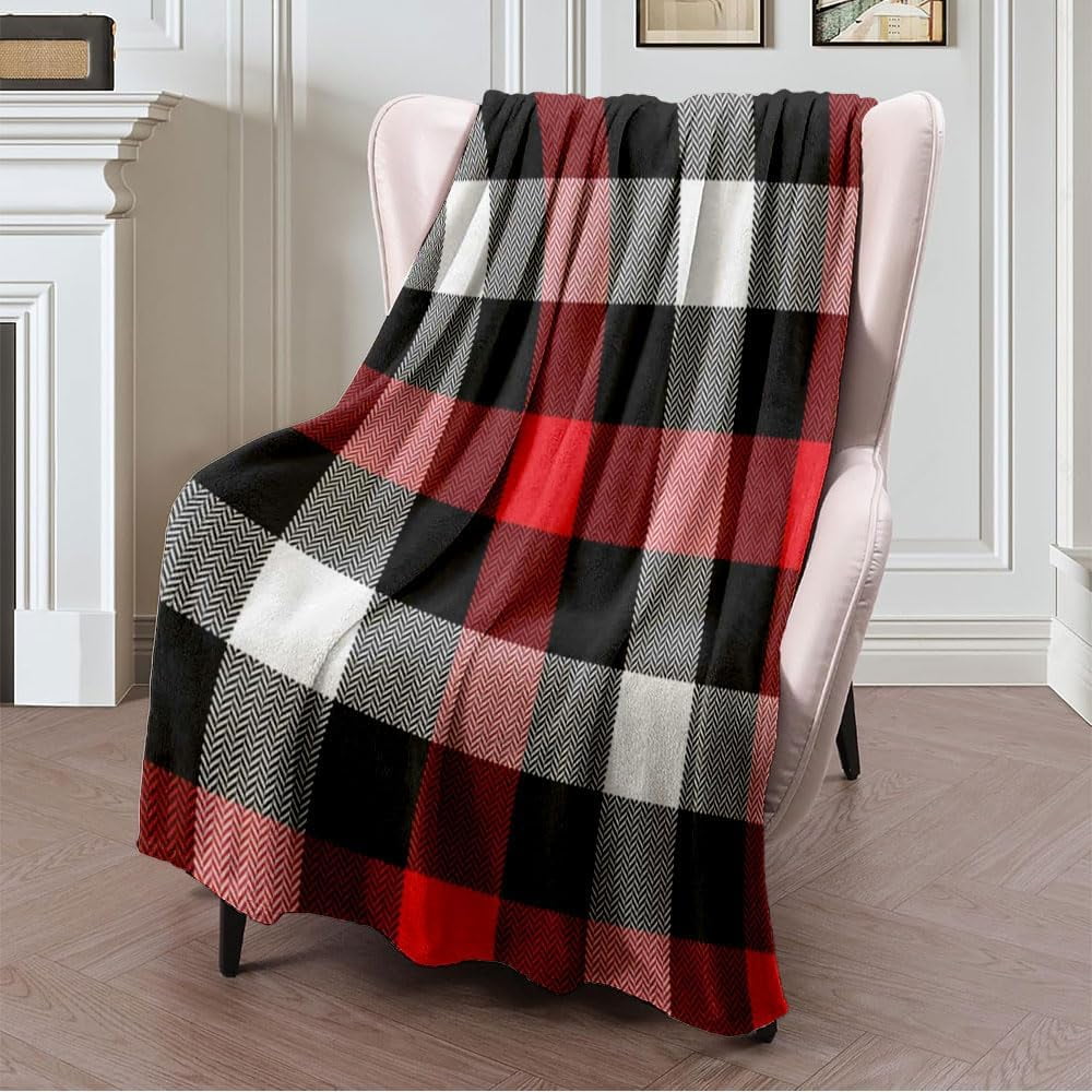 Flannel Fleece Throw Blanket 60" x 80" Red Autumn Pixel Check Plaid ...