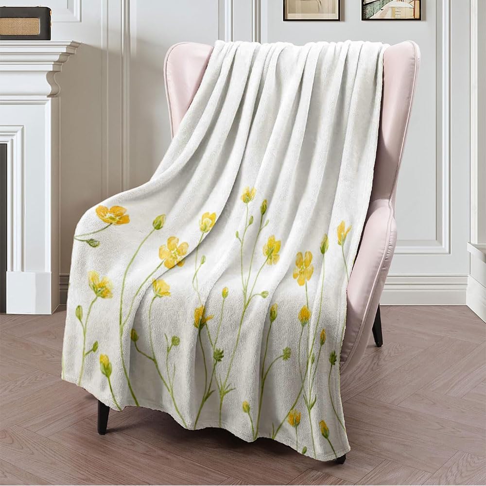 Flannel Fleece Throw Blanket 60" x 80" Yellow Watercolor Floral Border ...