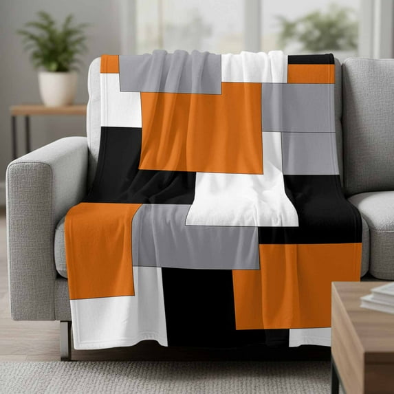 Flannel Fleece Throw Blanket, Abstract Color Block Orange Grey White ...